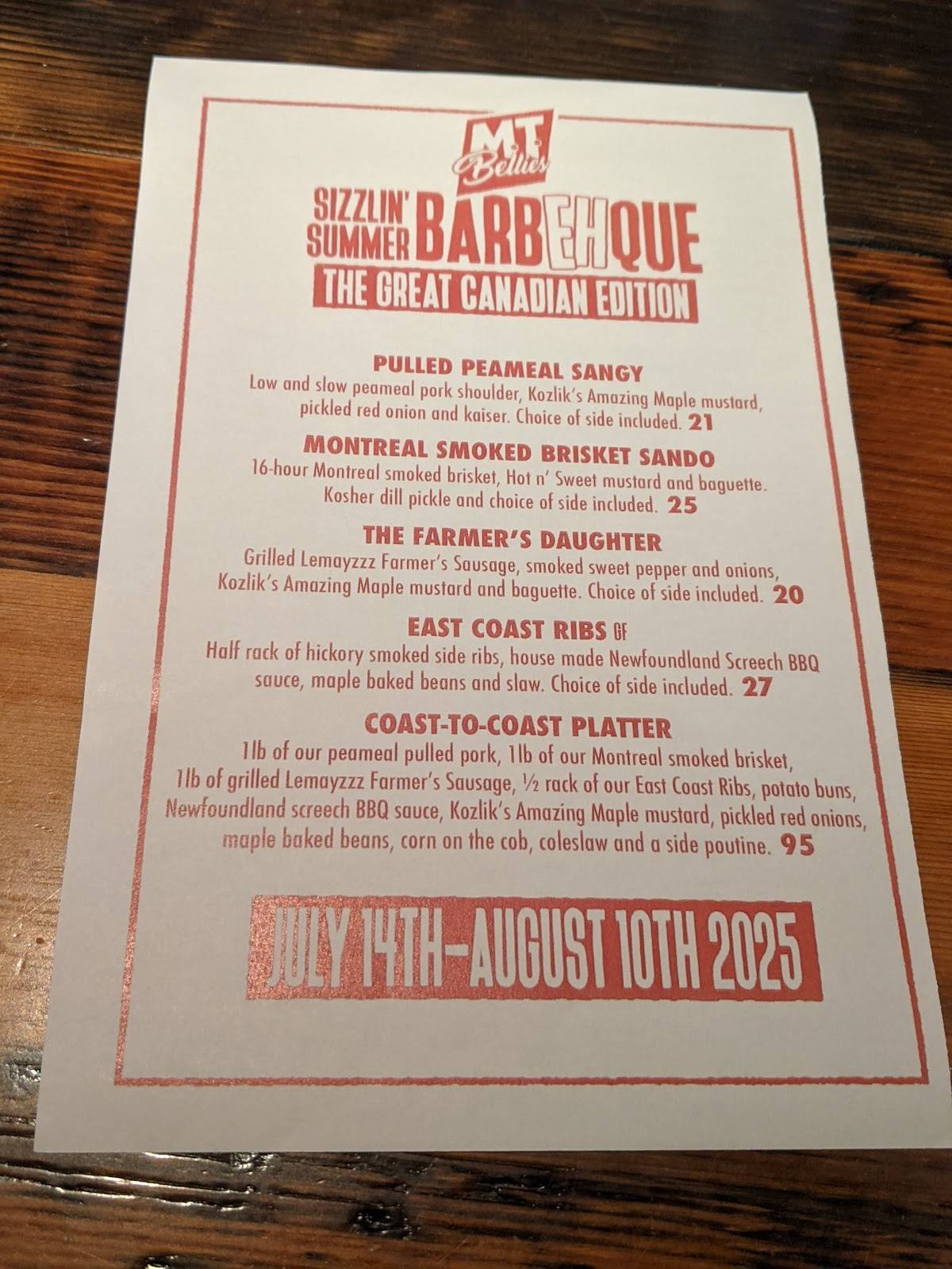 Menu at M.T. Bellies restaurant, Welland