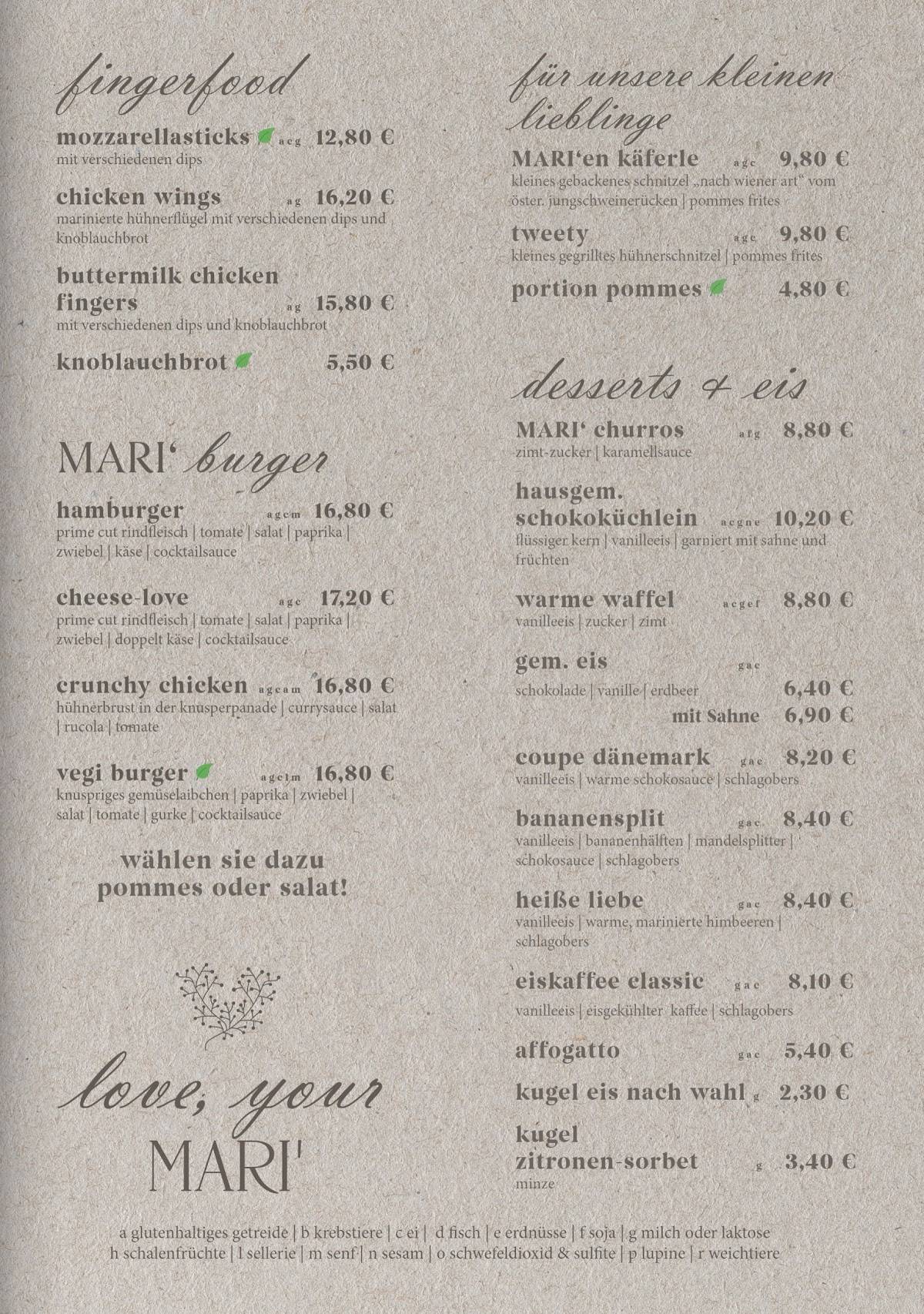 Speisekarte von MARI' am Garnmarkt restaurant, Götzis