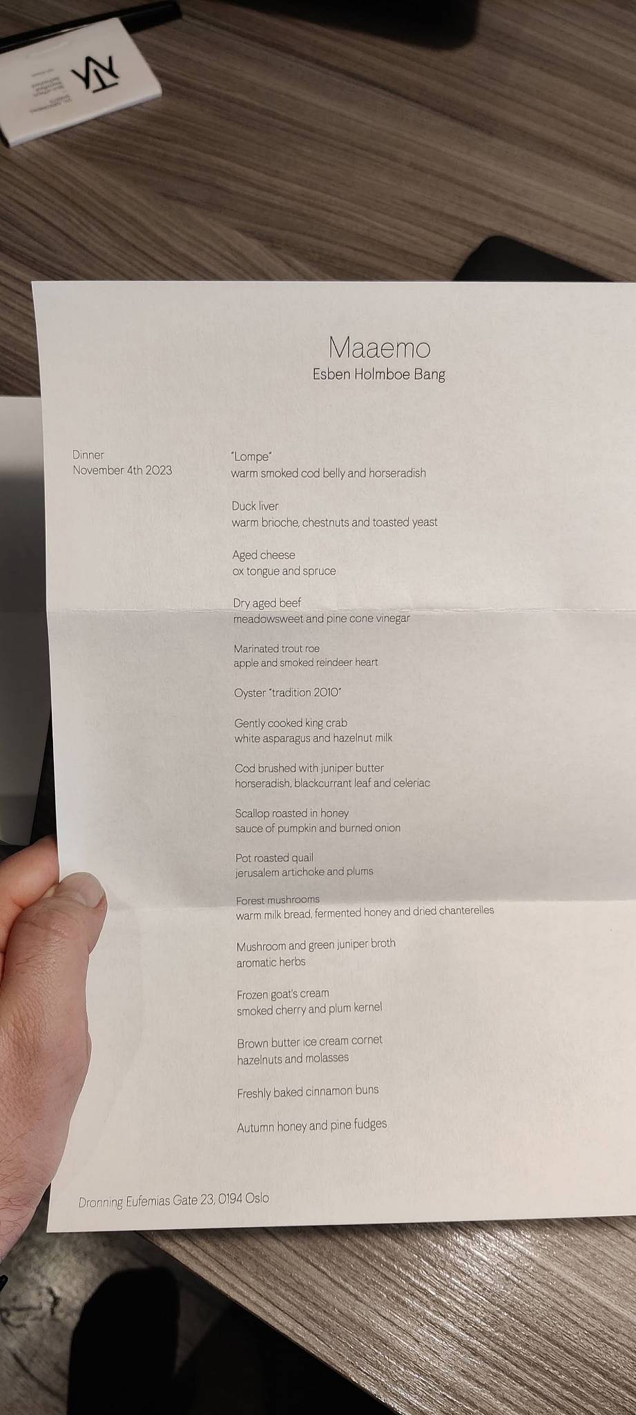 Menu at Maaemo restaurant, Oslo