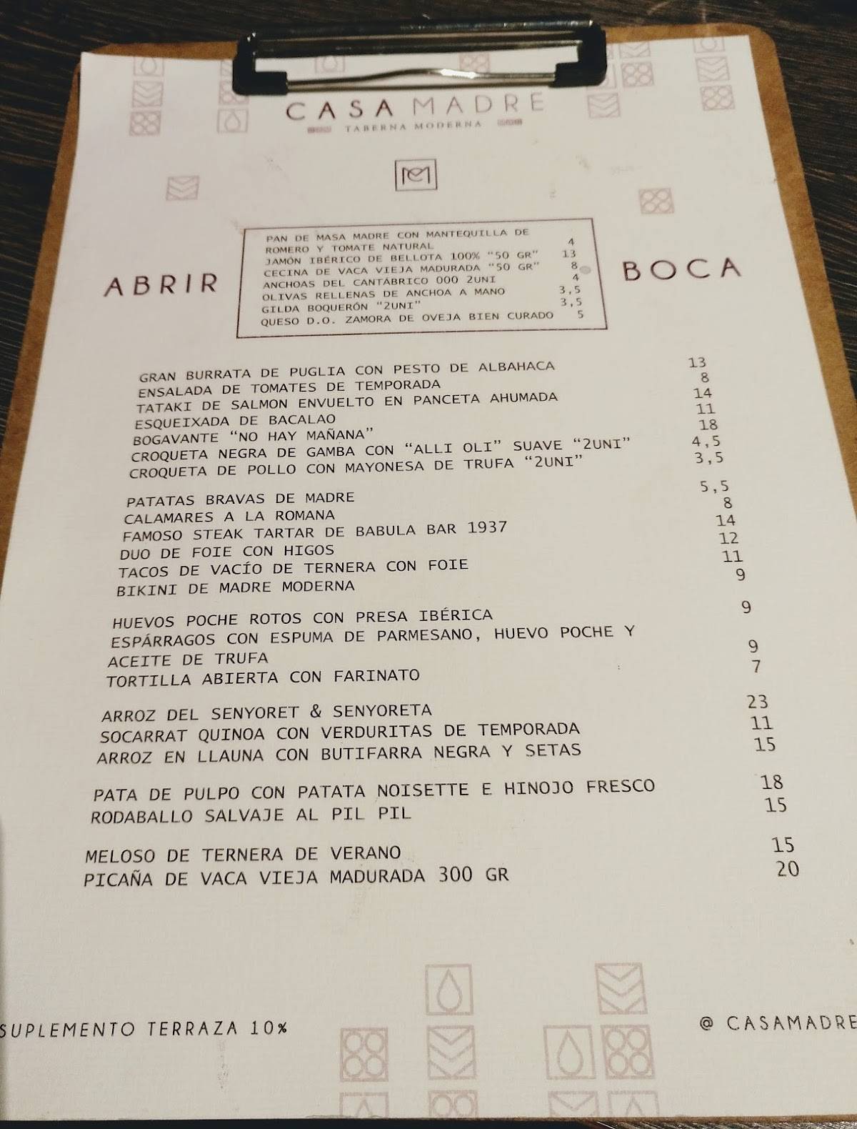 Menu at Madre Taberna Moderna - Restaurante Sagrada Familia, Barcelona