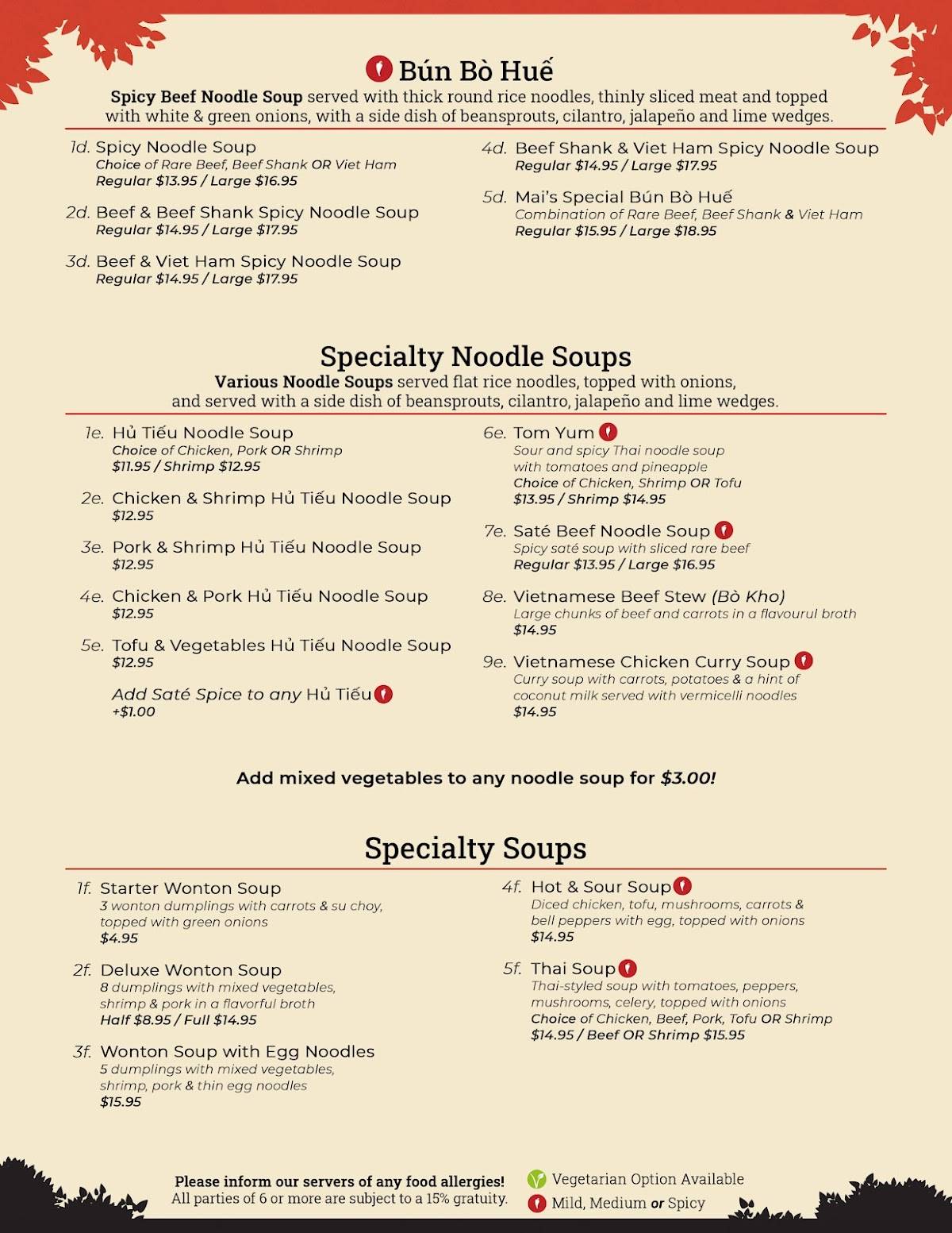 Menu at Mai's Kitchen Vietnamese Cuisine restaurant, Saskatoon