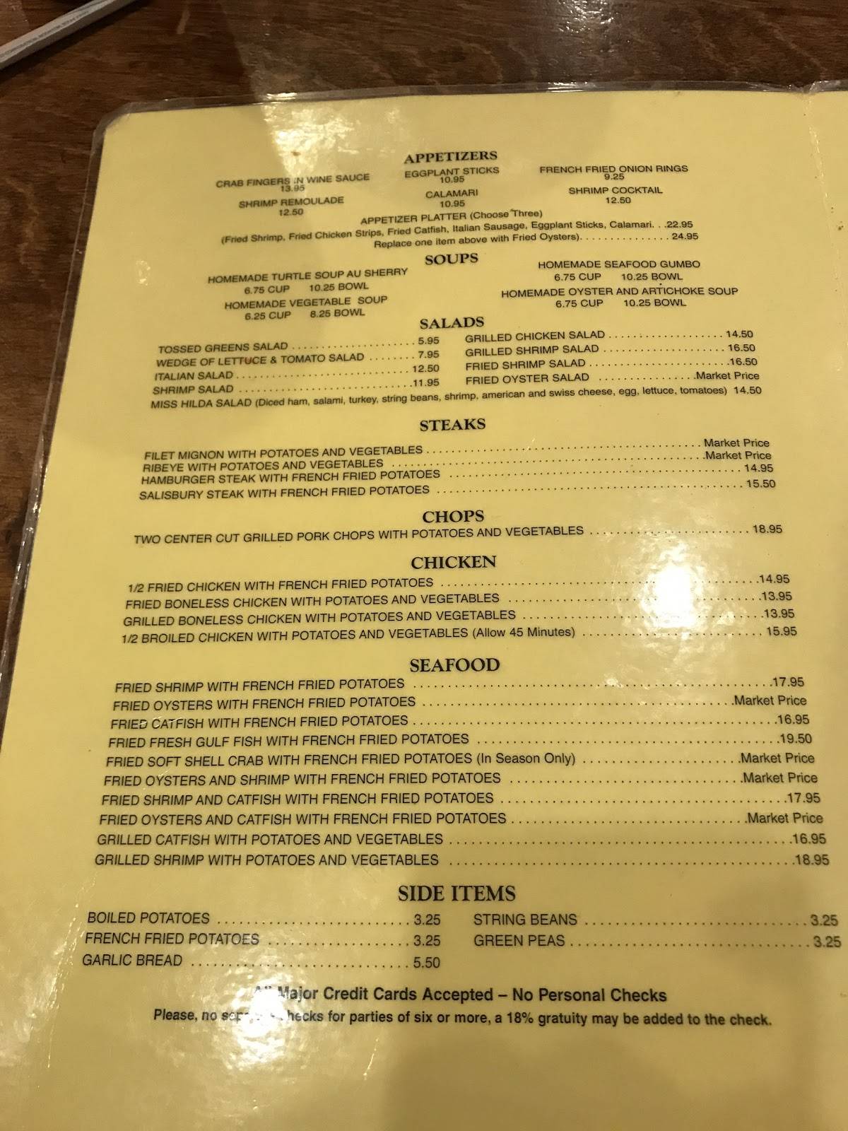 Menu at Mandina's Restaurant, New Orleans