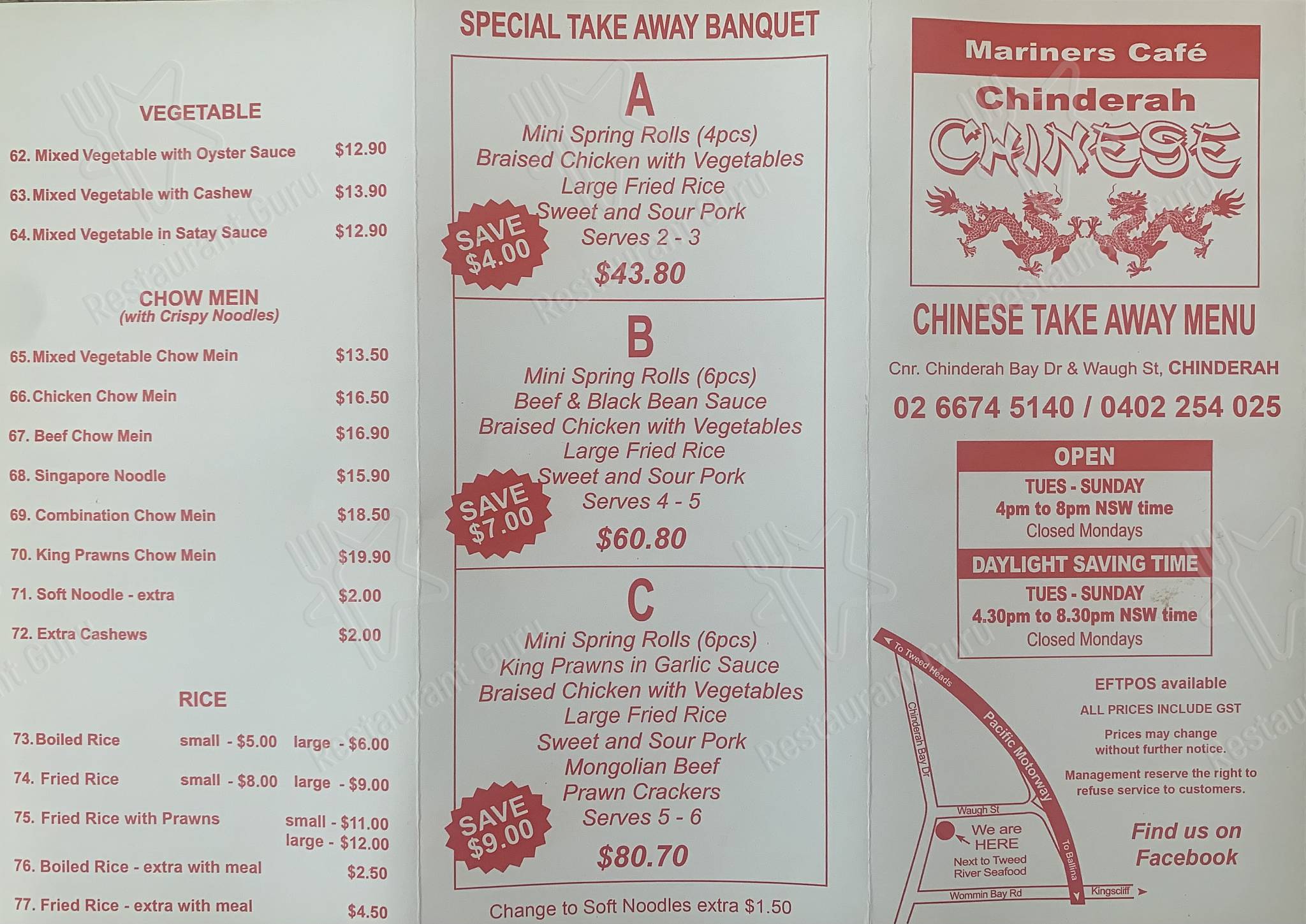 Menu at Mariner's Cafe Chinese Takeaway, Chinderah