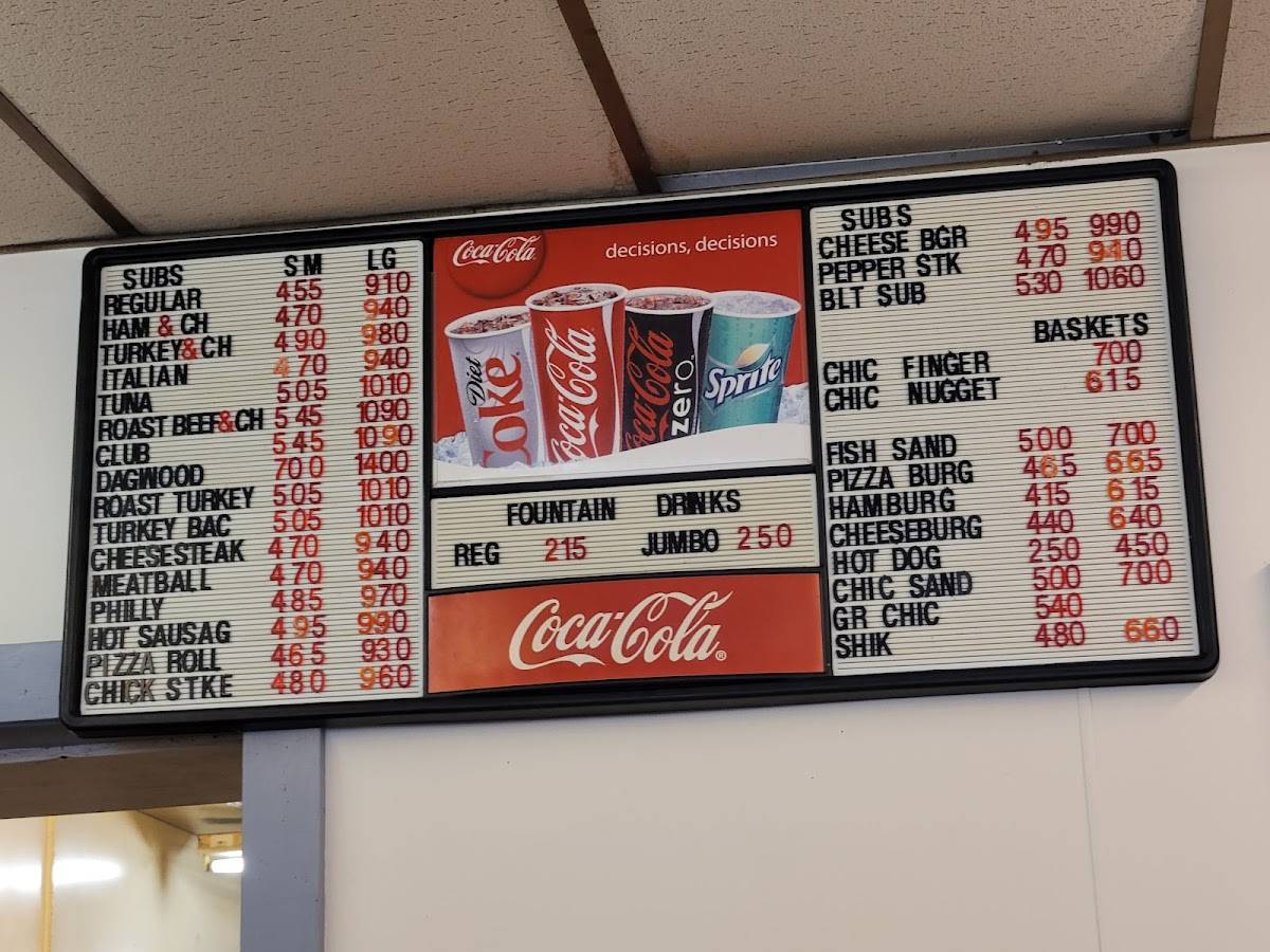 Menu at Marlin's Sub Shop restaurant, Sunbury