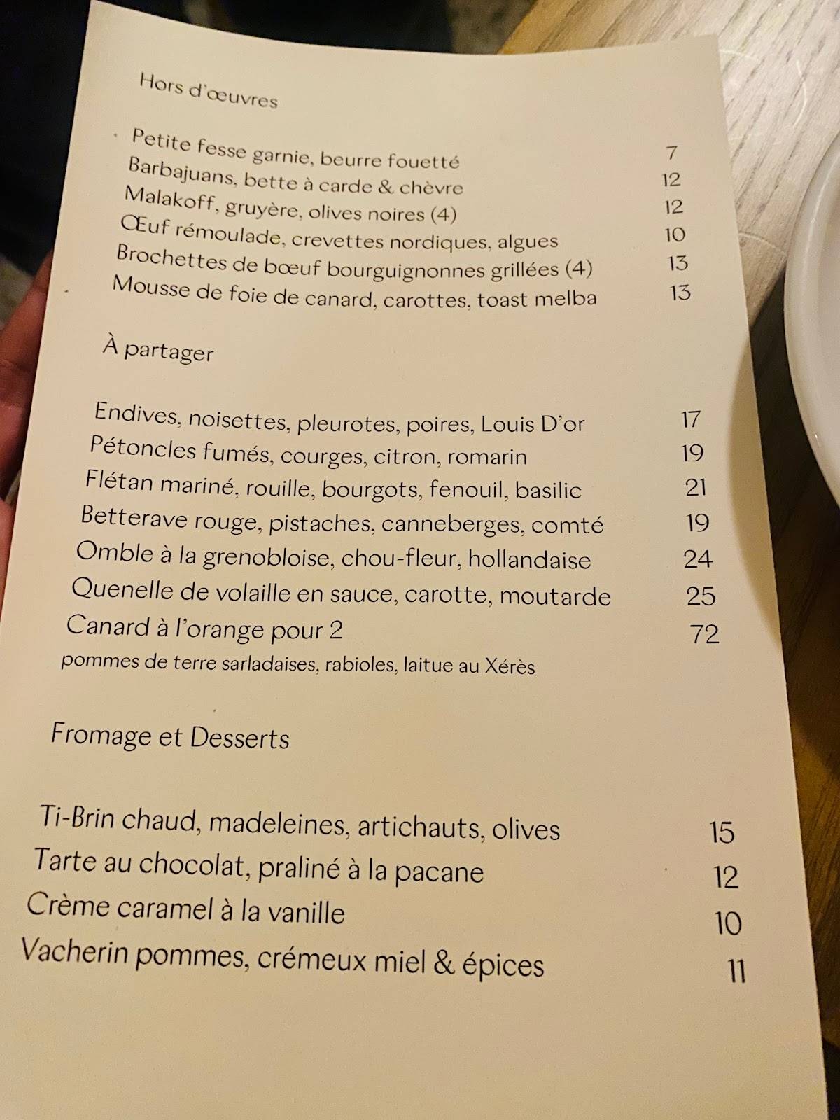 Menu au Restaurant Melba, Québec