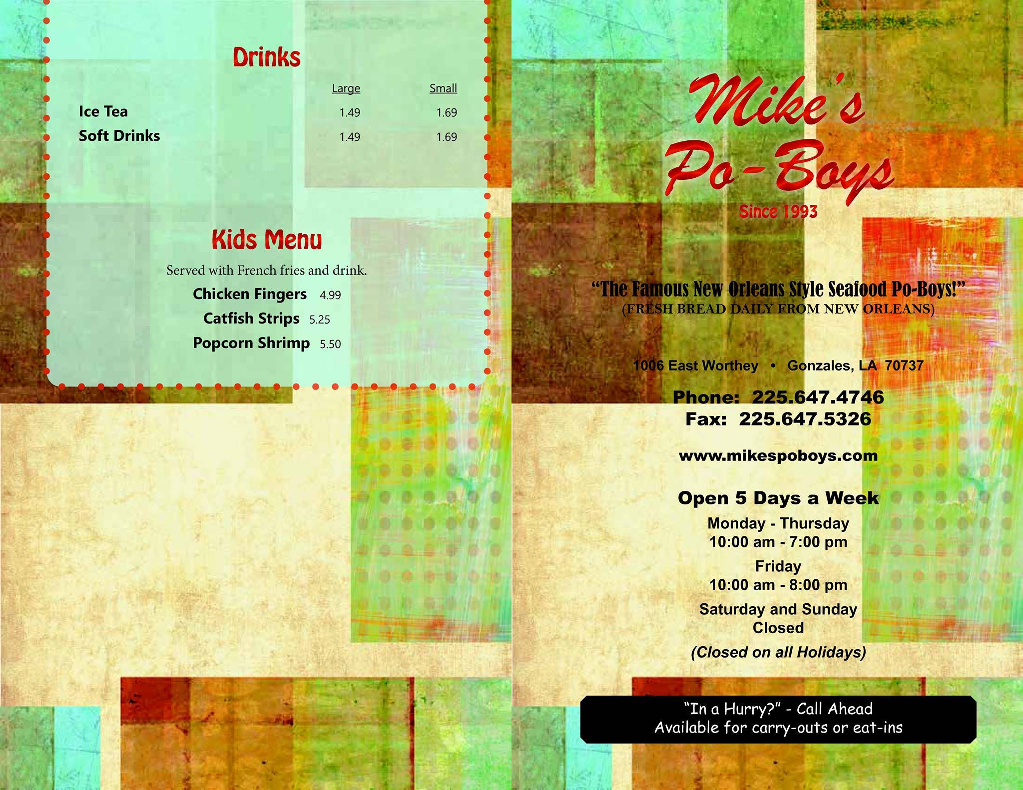 Menu at Mike's Po Boys restaurant, Gonzales, E Worthey St