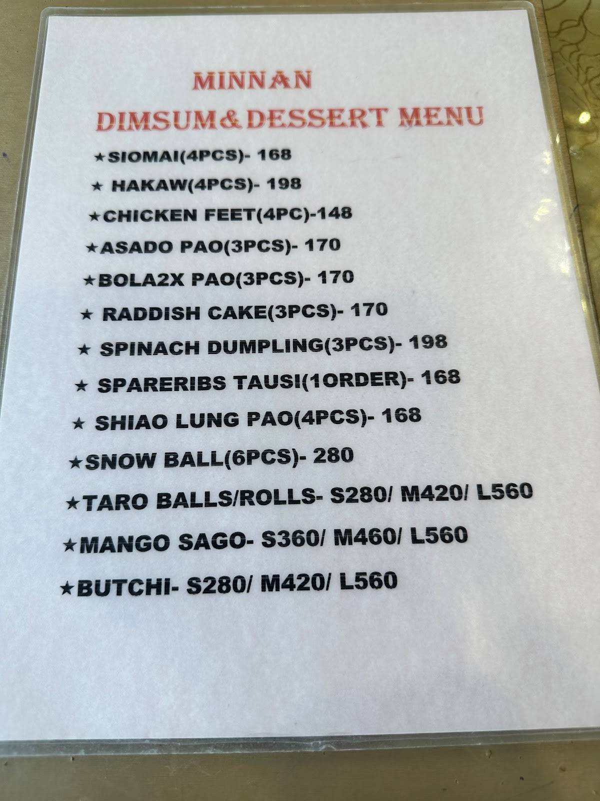Menu at Minnan Seafood restaurant, Cebu City