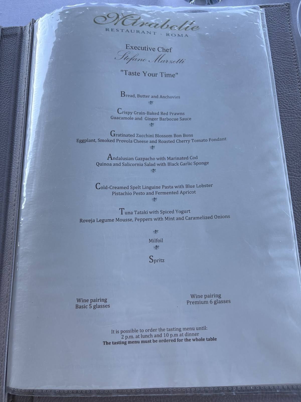Carta del restaurante Mirabelle, Roma