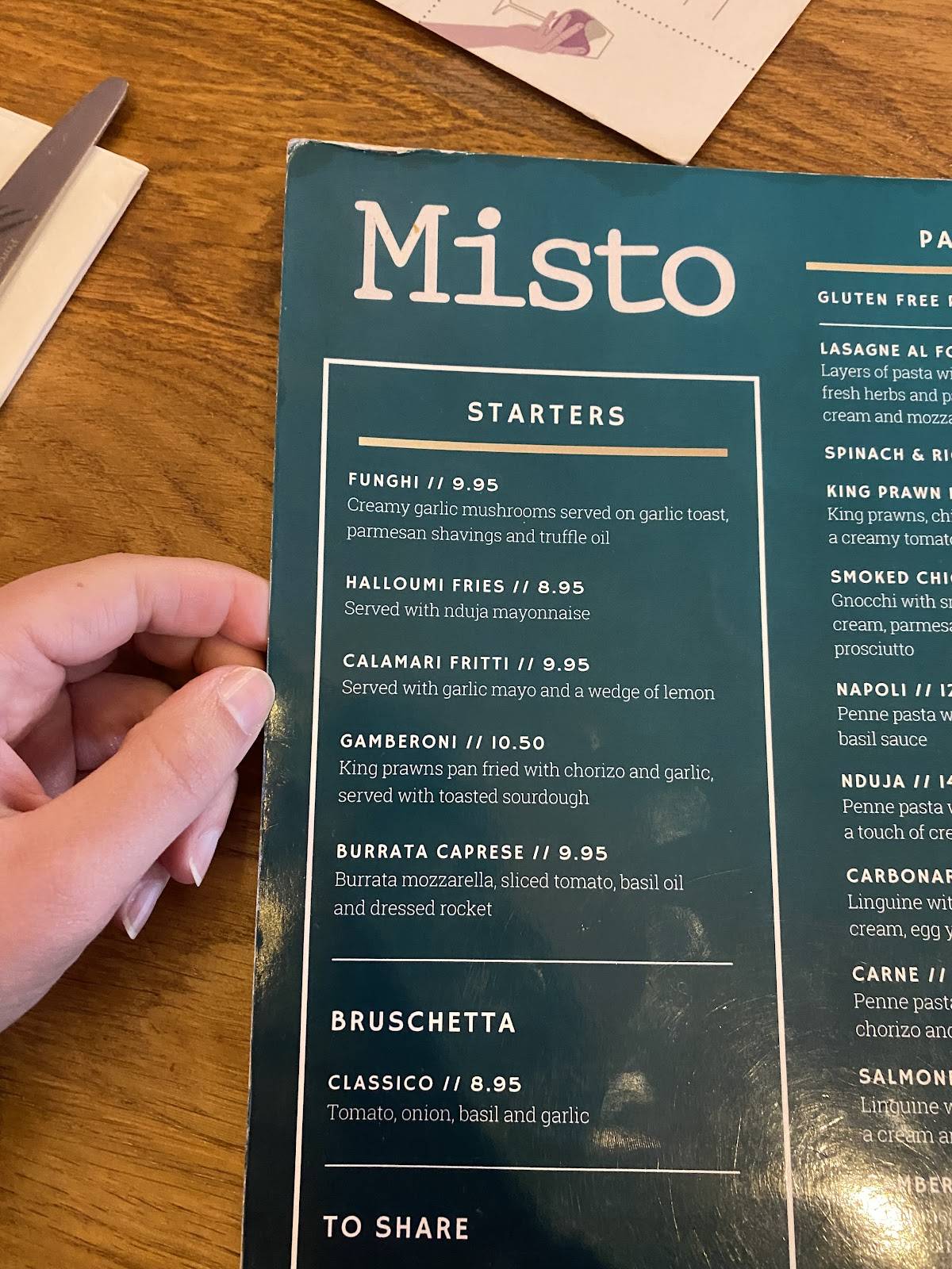 Menu at Misto restaurant, Ambleside