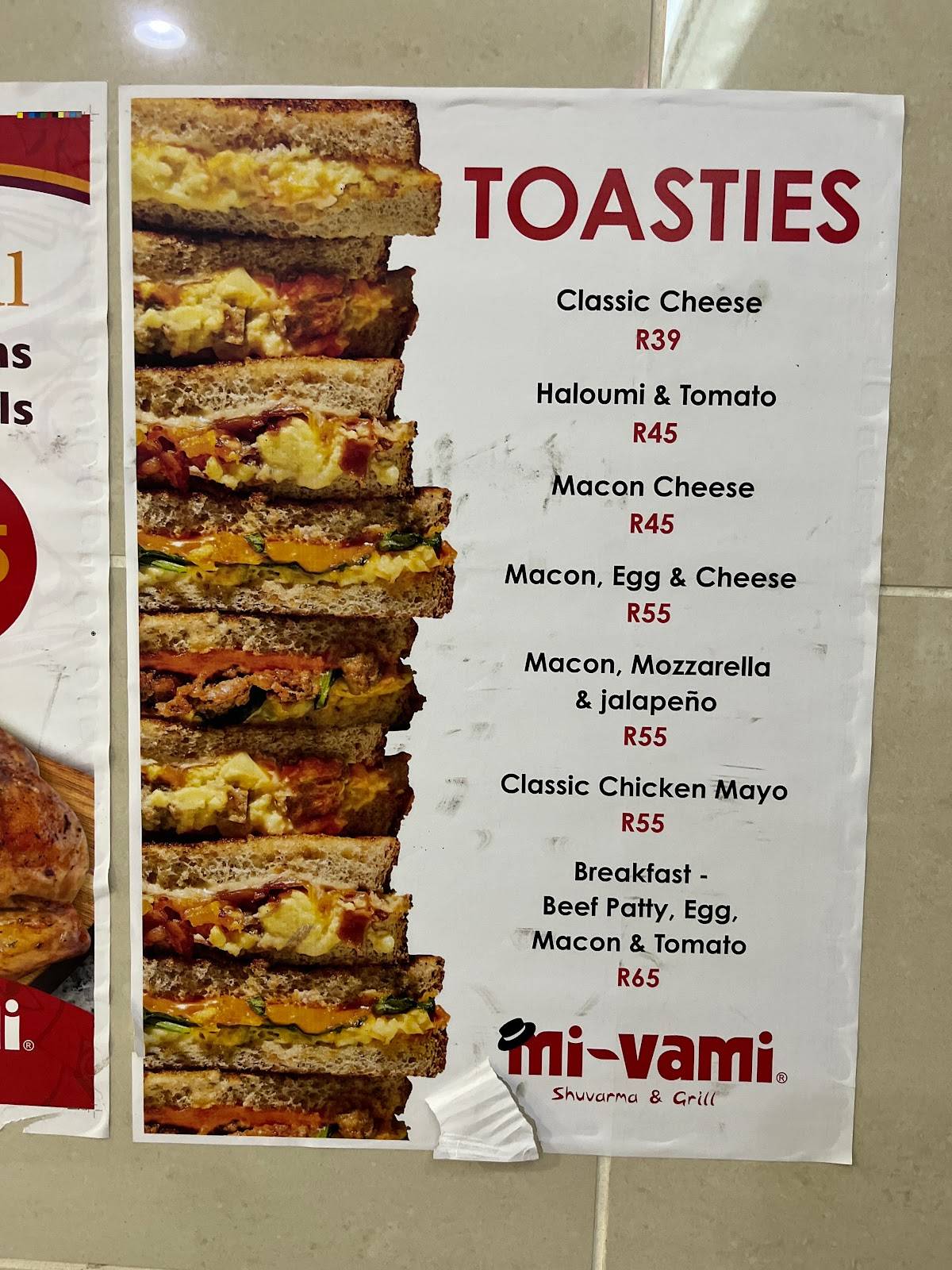 Menu at Mivami restaurant, Johannesburg