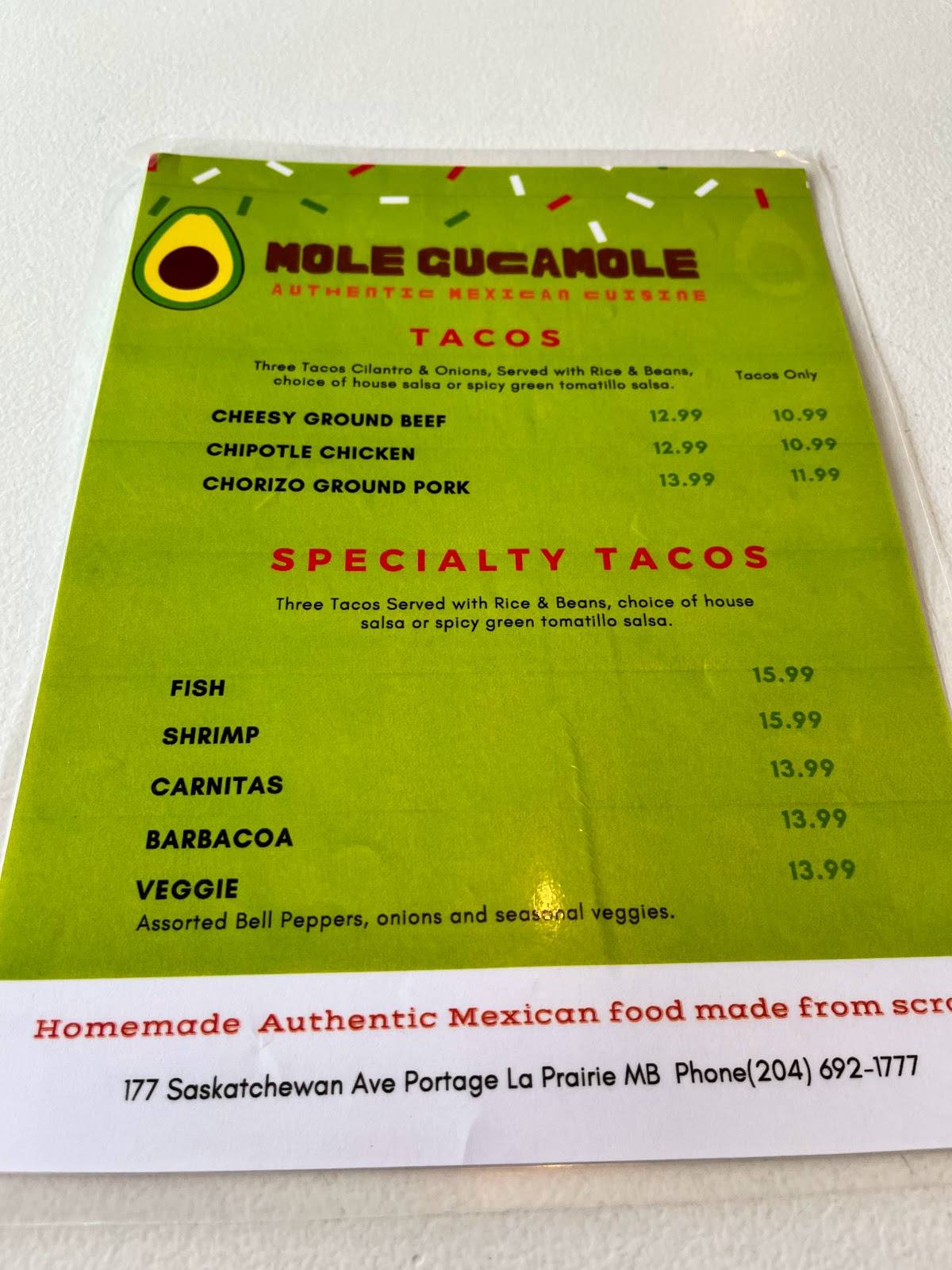 Menu at Mole Guacamole restaurant, Portage la Prairie