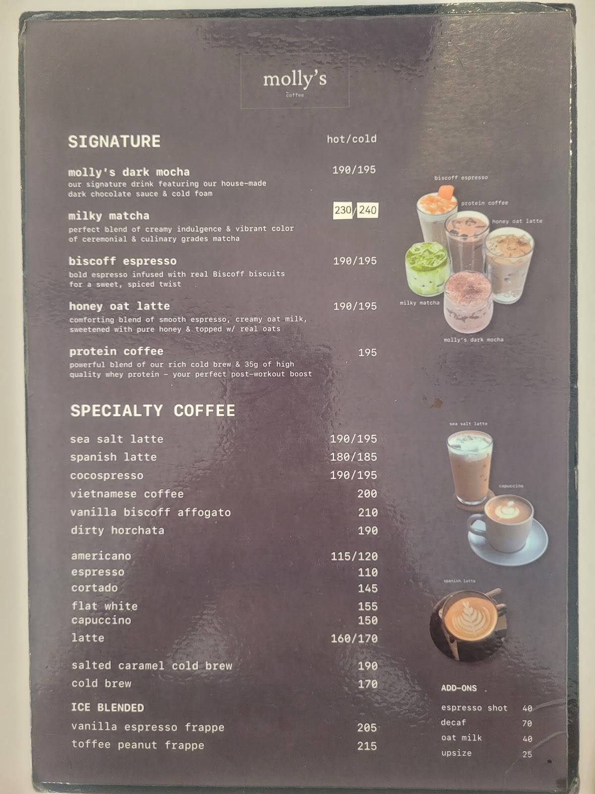 Menu at Molly's Coffee restaurant, Quezon City