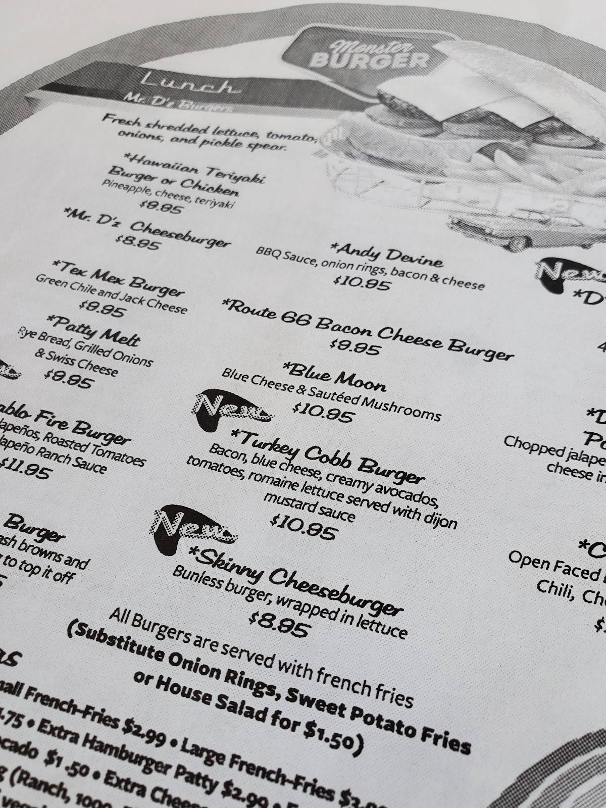 Menu at Mr D'z Route 66 Diner restaurant, Kingman