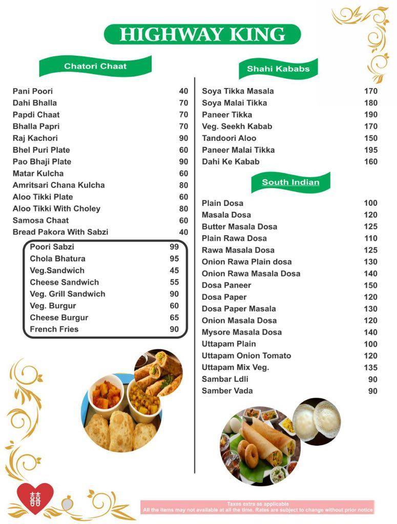 Menu at Murthal Highway King Dhaba Delhi, Delhi
