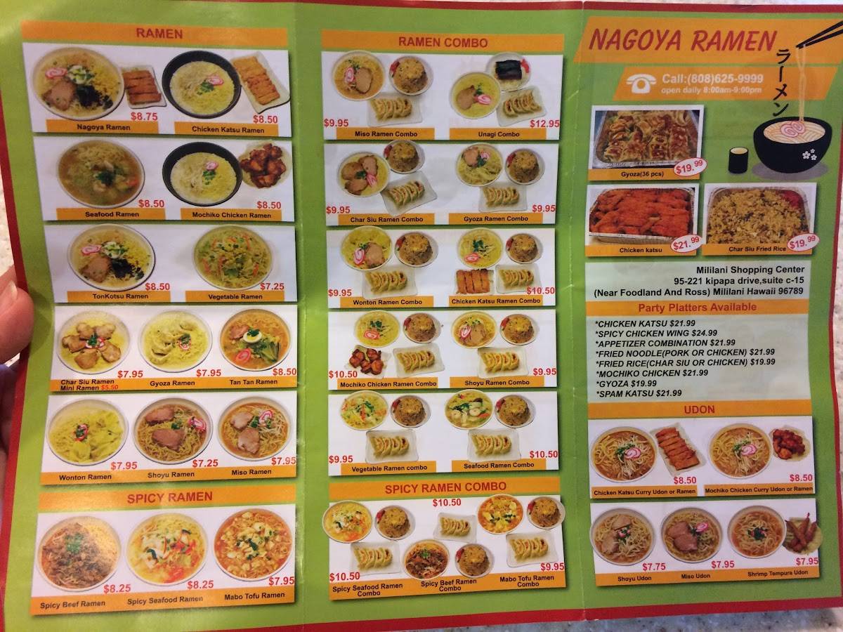 Menu at Nagoya Ramen restaurant, Mililani