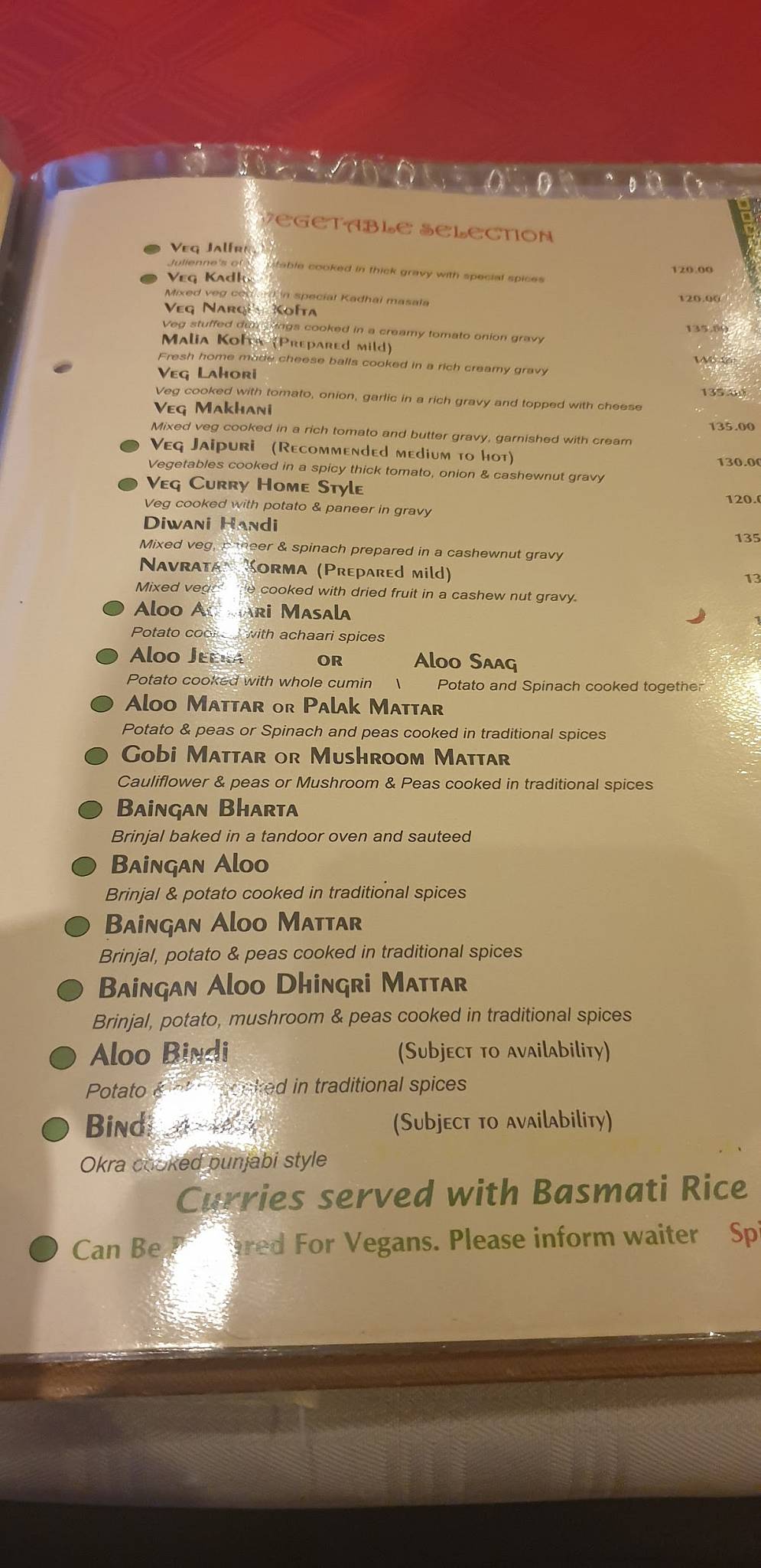 Menu at Namaskar Restaurant, Pretoria