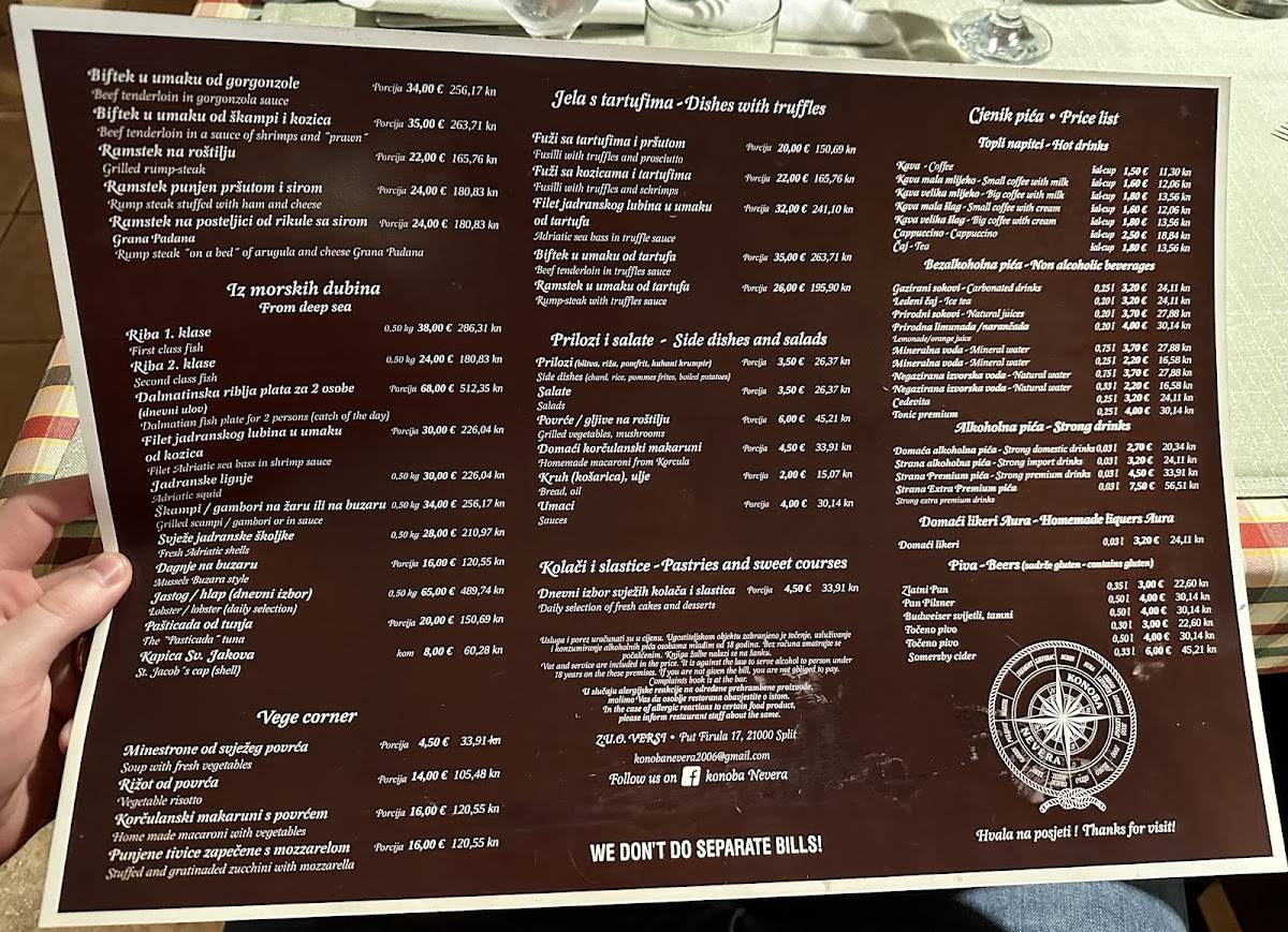 Menu at Nevera Tavern restaurant, Split