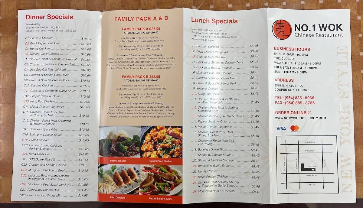 Menu at No. 1 Wok restaurant, Cooper City