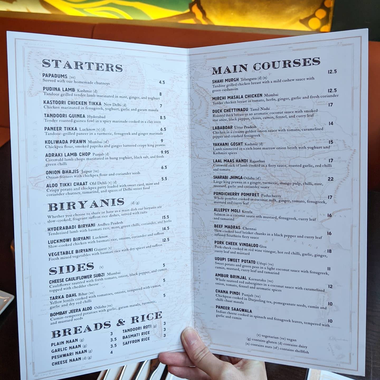 Menu at Nutmeg restaurant, Bristol