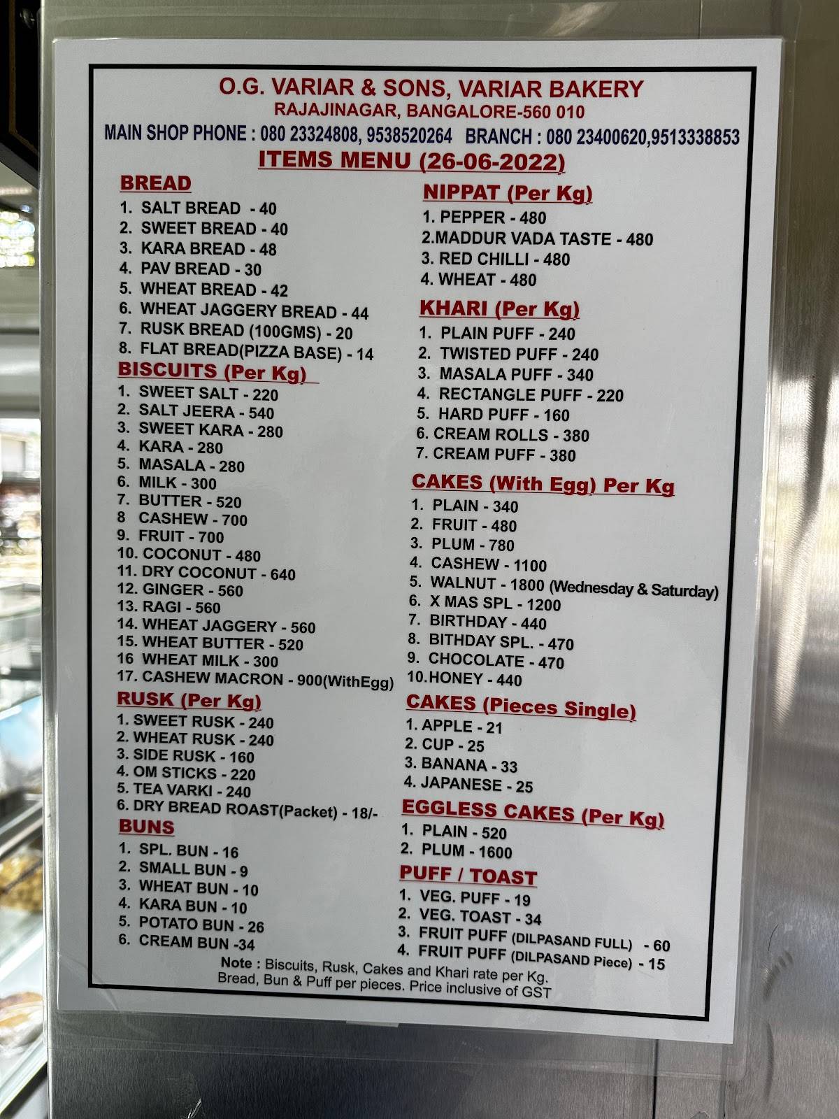 Menu at O.G. Variar and Sons, Variar Bakery, Bengaluru, 68 1'st Main Road