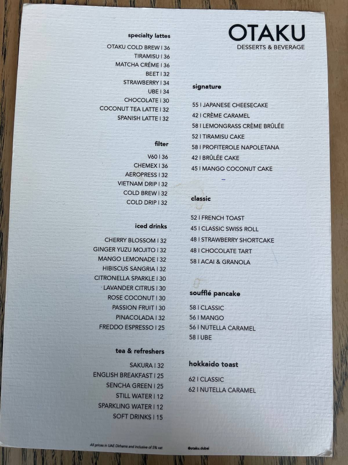 Menu at OTAKU restaurant, Dubai