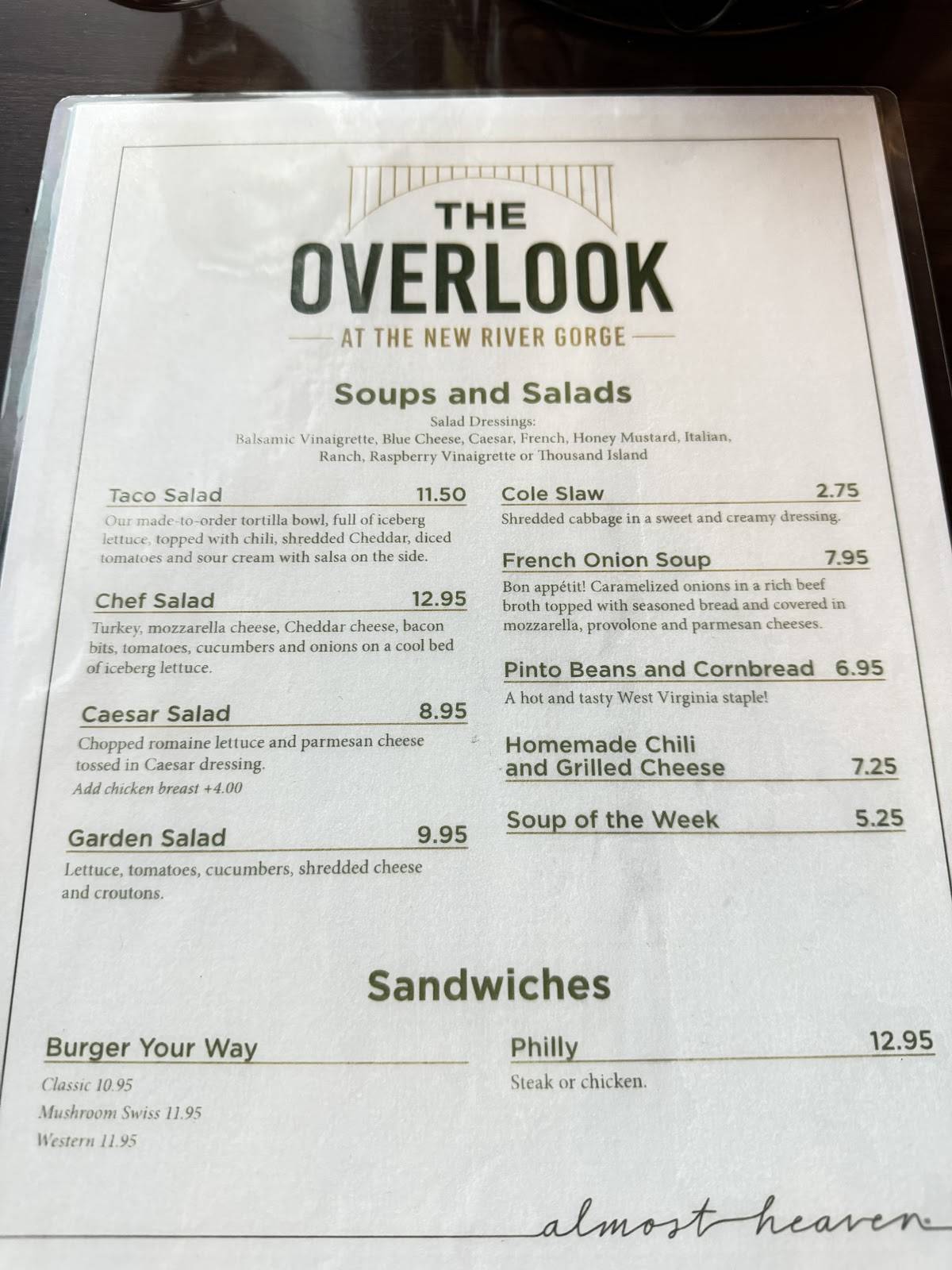 Menu at Overlook at the New River Gorge Restaurant, Ansted