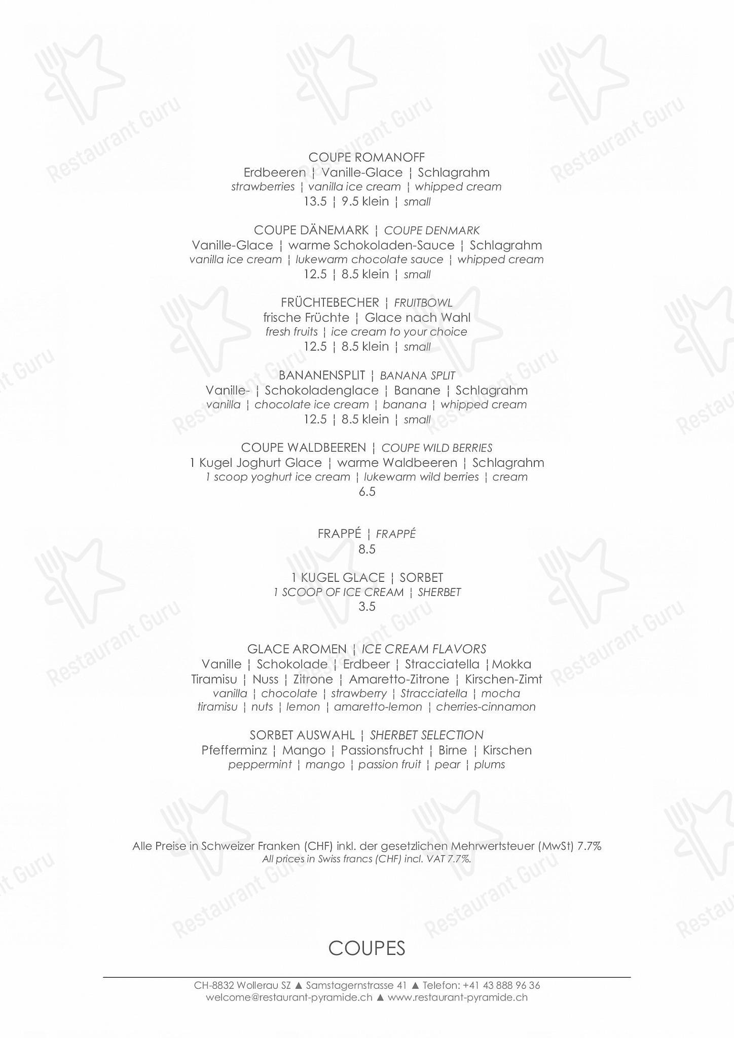 Speisekarte von Restaurant Pyramide, Wollerau