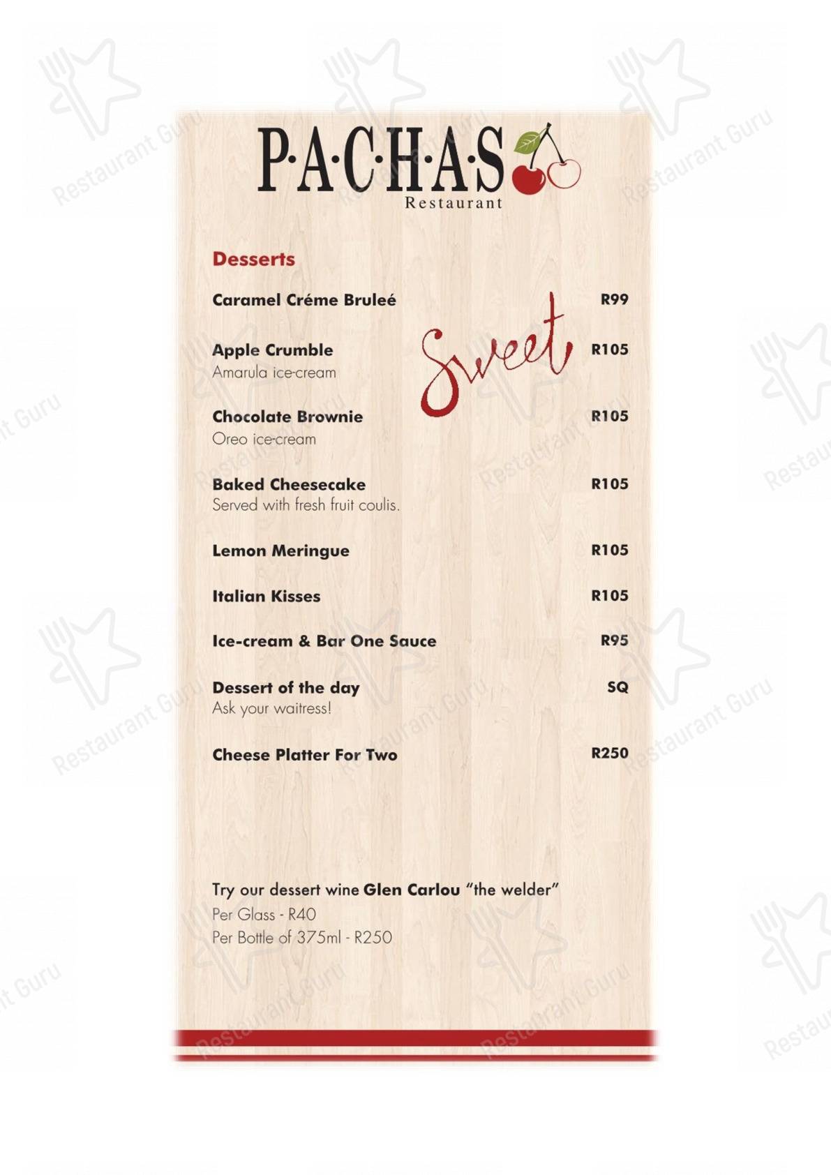 Menu at Pachas Restaurant, Pretoria