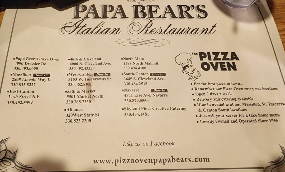 Menu at Papa Bear's Italian Restaurant The Pizza Oven, Canton