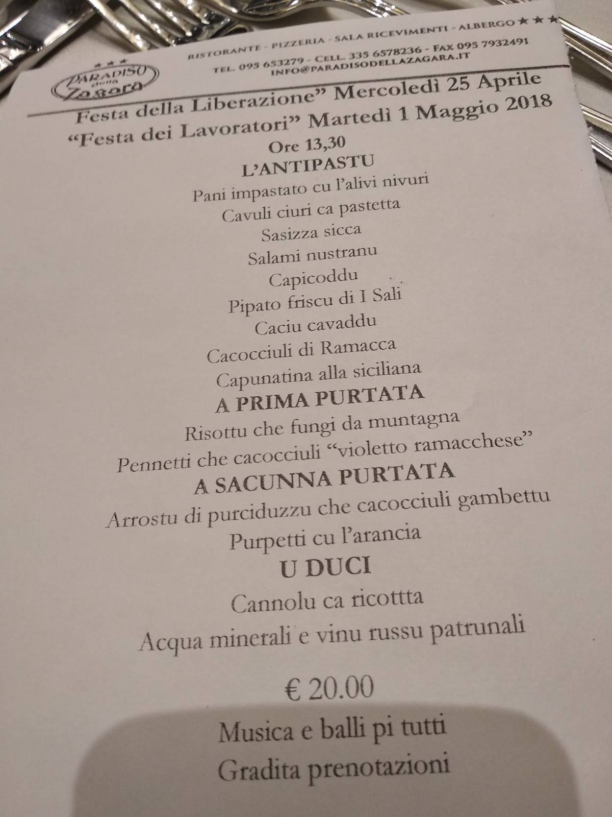 Carta del restaurante Paradiso della zagara, Ramacca