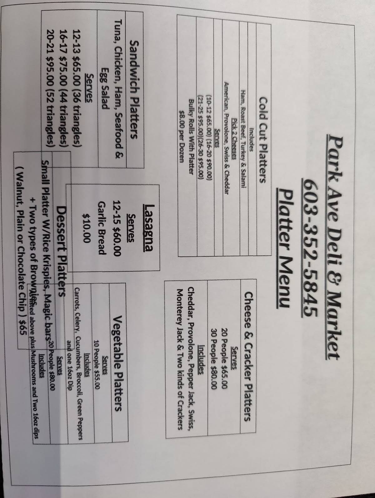 Menu at Park Ave Deli & Market restaurant, Keene
