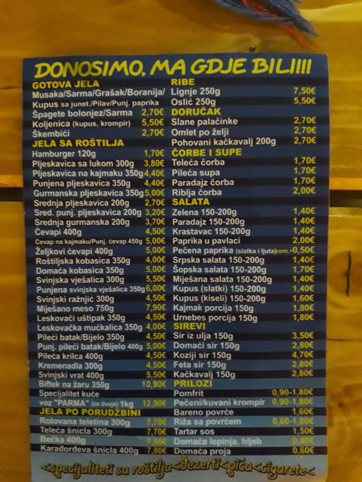 Menu at Parma restaurant, Budva, 7RVV+PJR