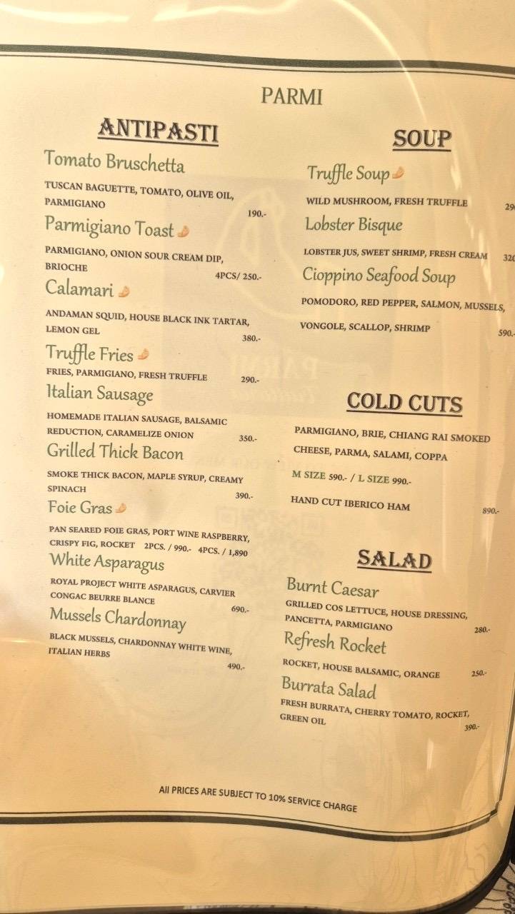 Menu at Parmi.bkk restaurant, Bangkok