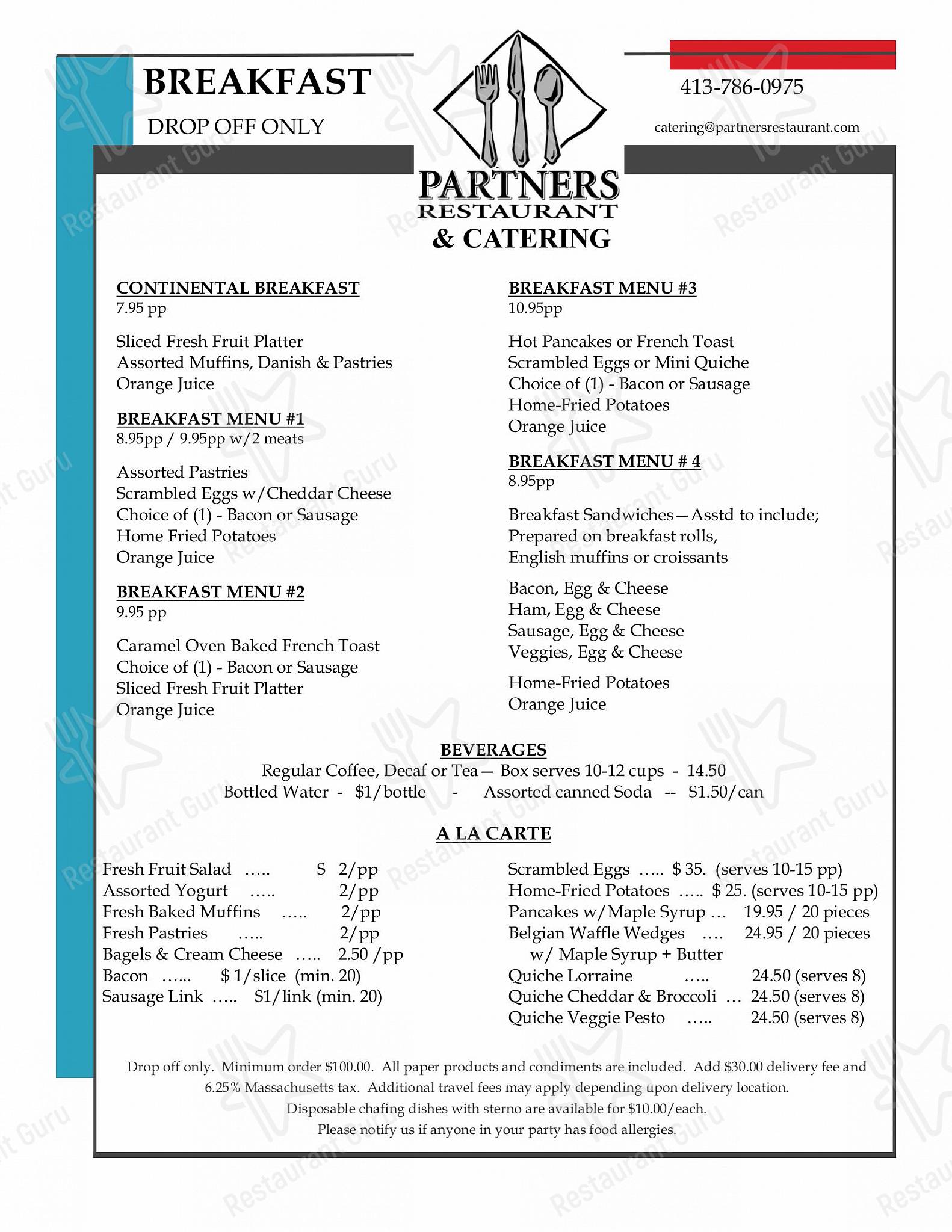 Menu at Partners Restaurant & Catering, Agawam