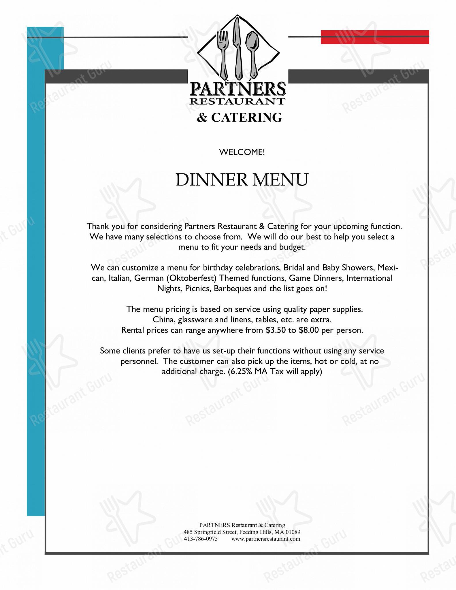 Menu at Partners Restaurant & Catering, Agawam
