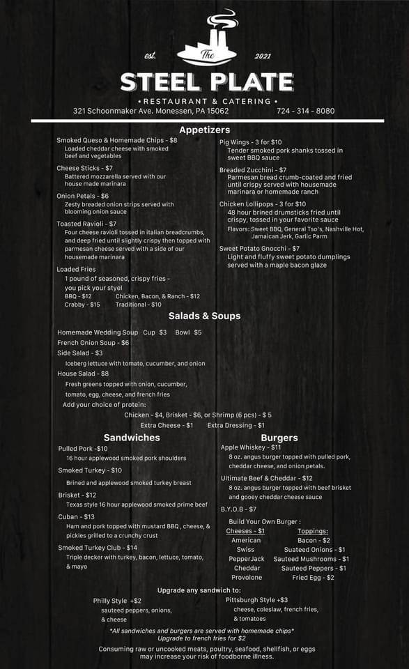 Menu at The Steel Plate BBQ, Monessen