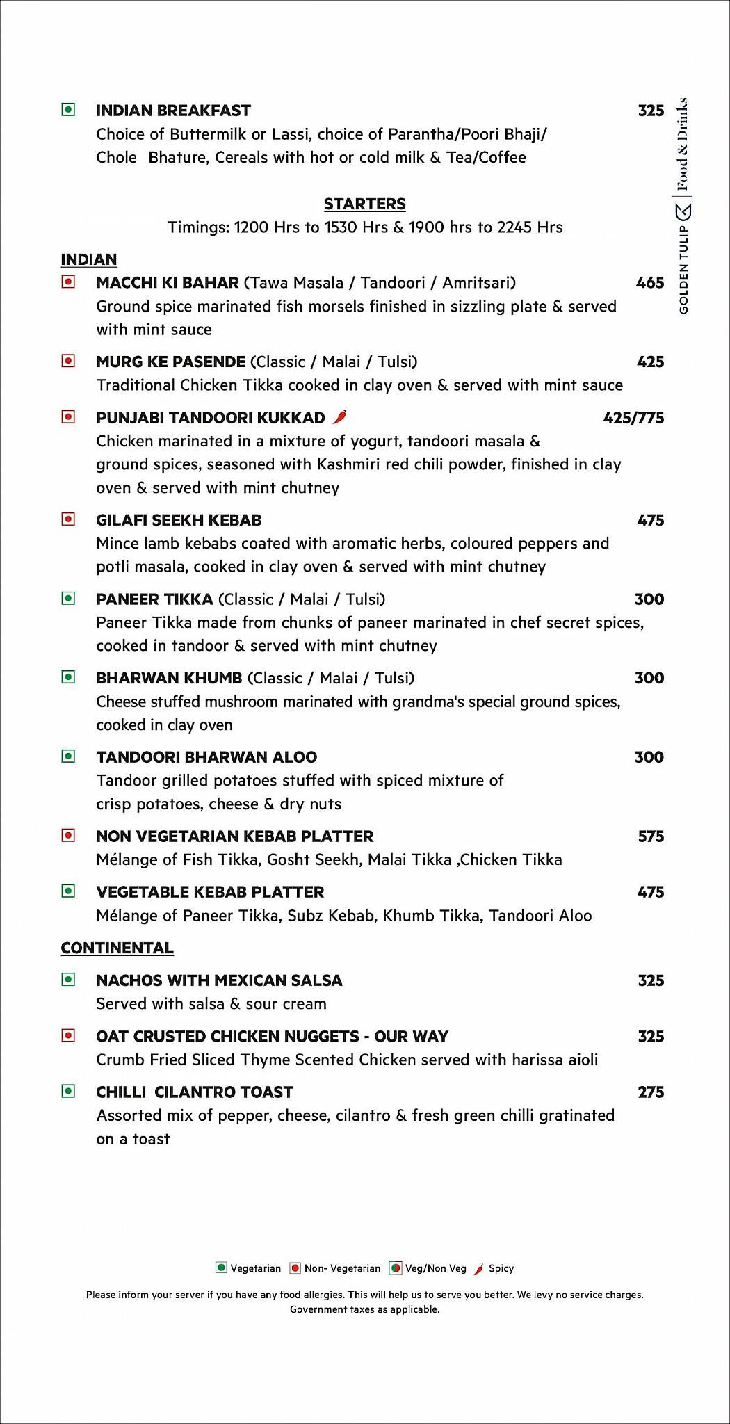 Menu at Patio Terrasse - Golden Tulip, Panchkula, Gurudwara