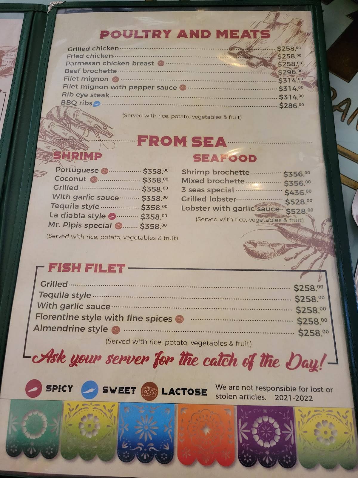 Menu at Pipis restaurant, Puerto Vallarta