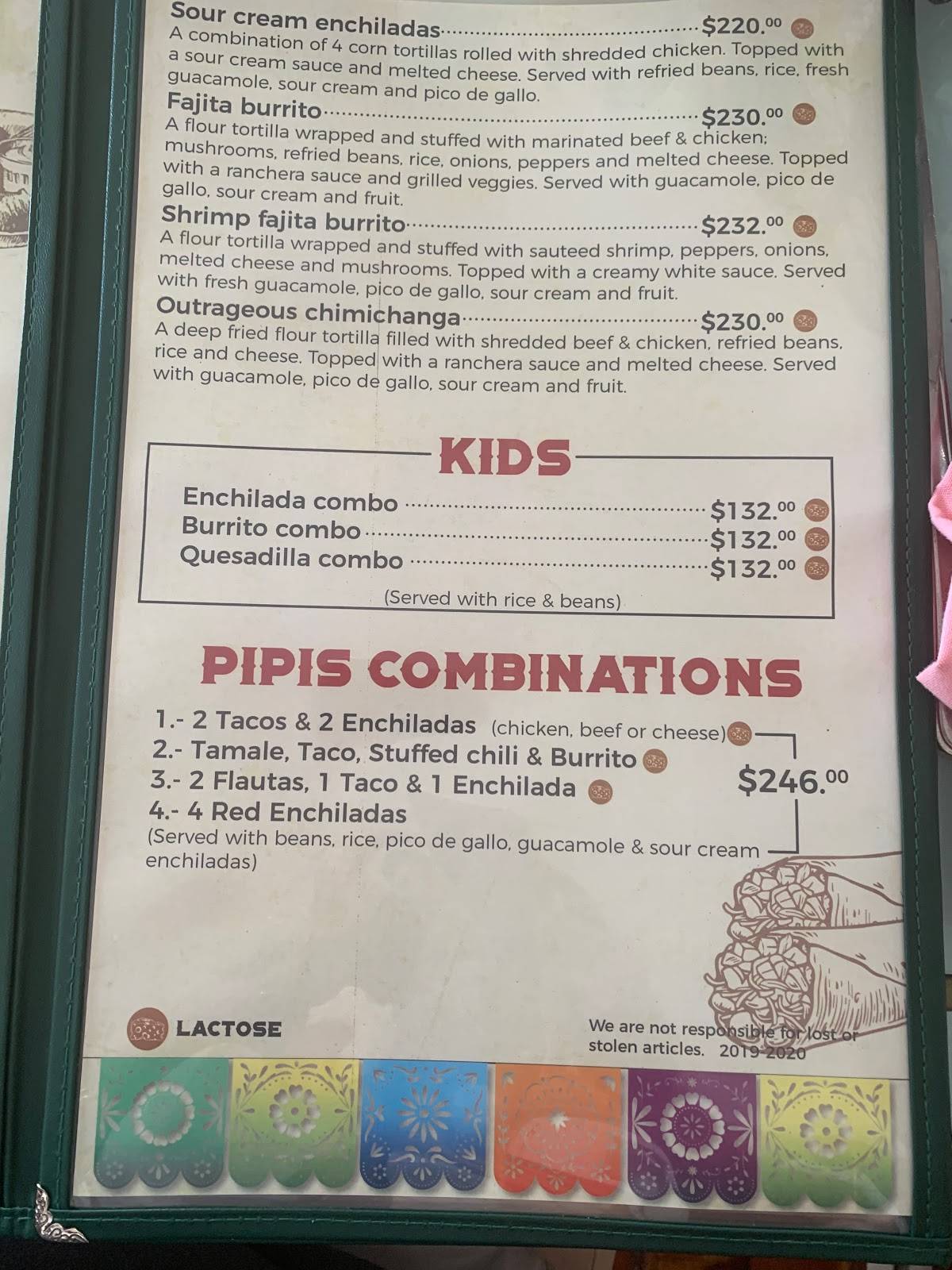 Menu at Pipis restaurant, Puerto Vallarta