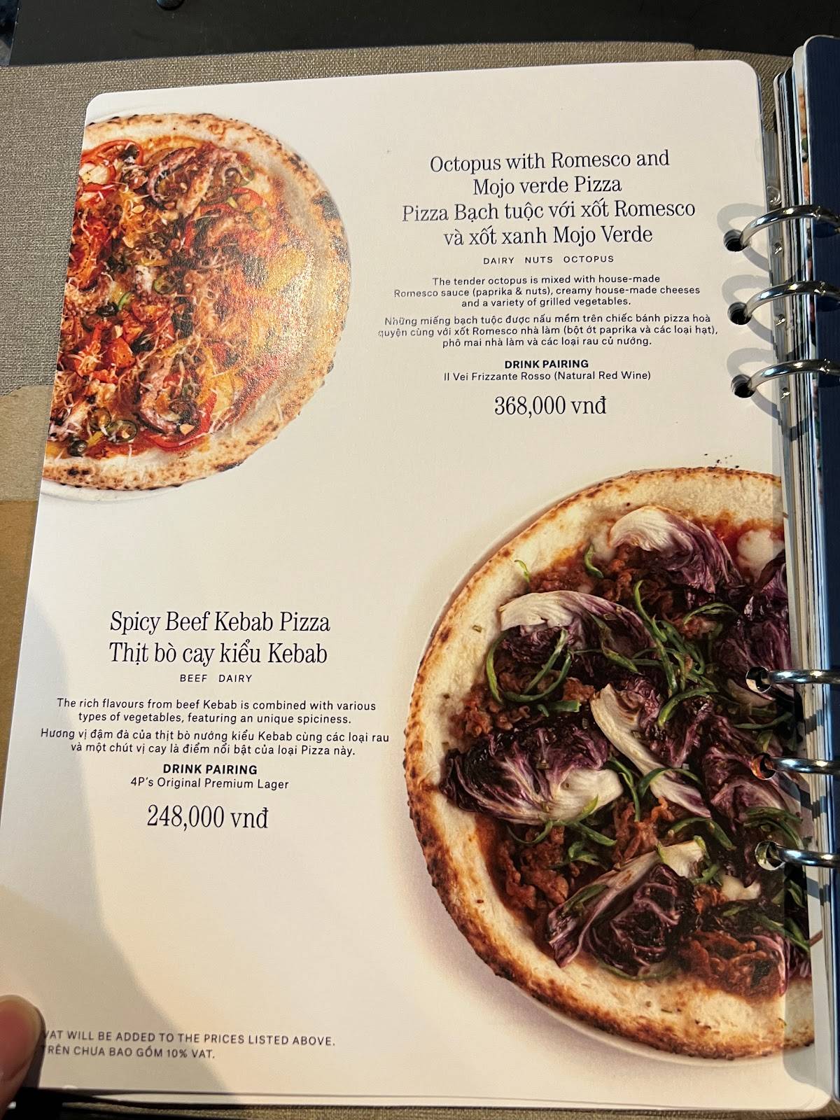 Menu at Pizza 4P's Ben Thanh restaurant, Ho Chi Minh City