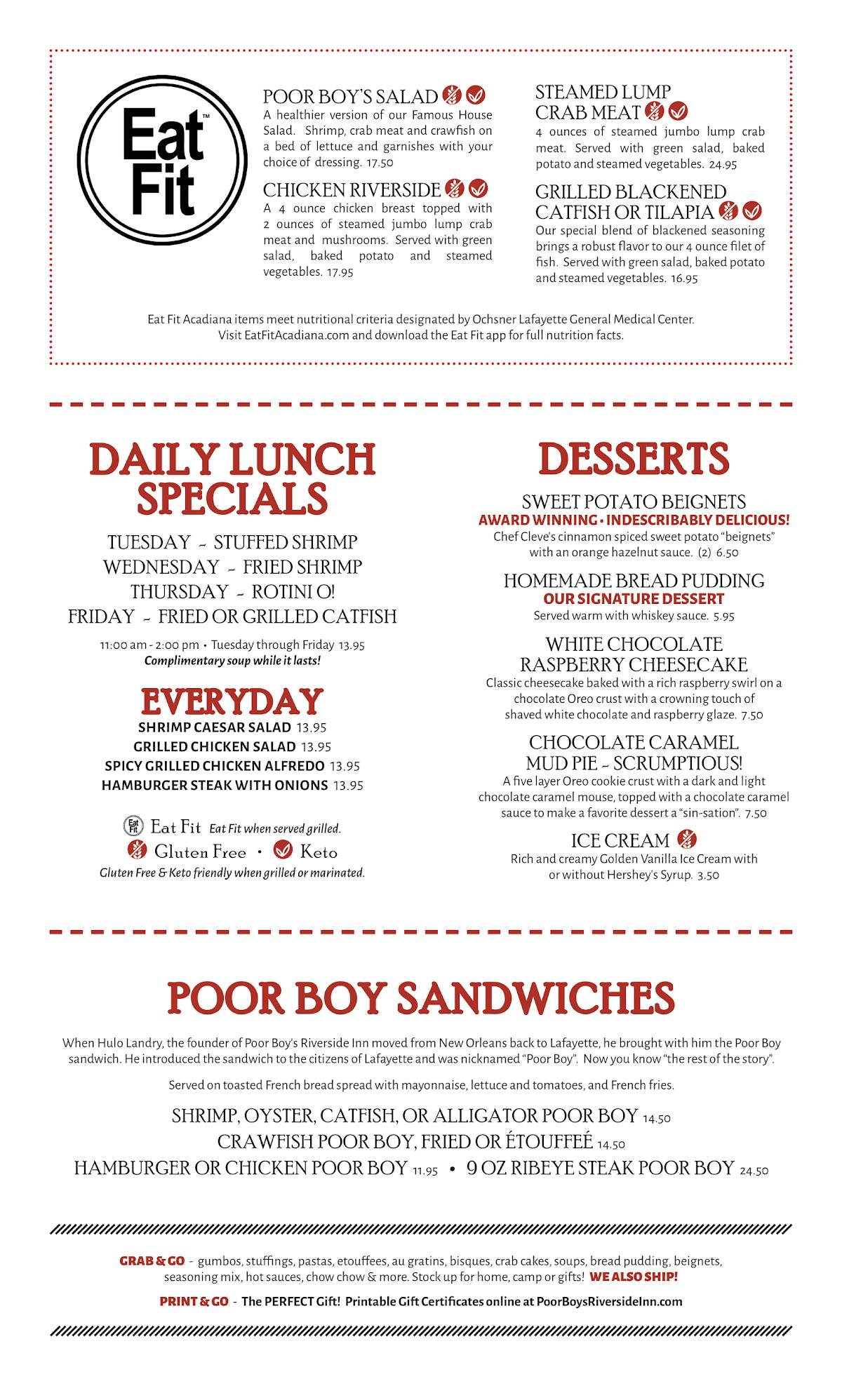 Menu at Poor Boy's Riverside Inn restaurant, Broussard