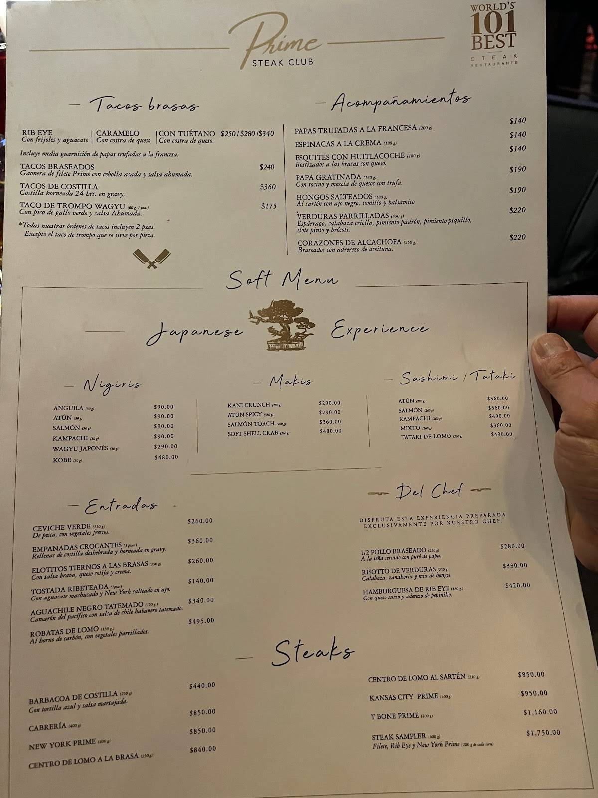 Carta de Prime Steak Club Ángel De La Independencia, Ciudad de México