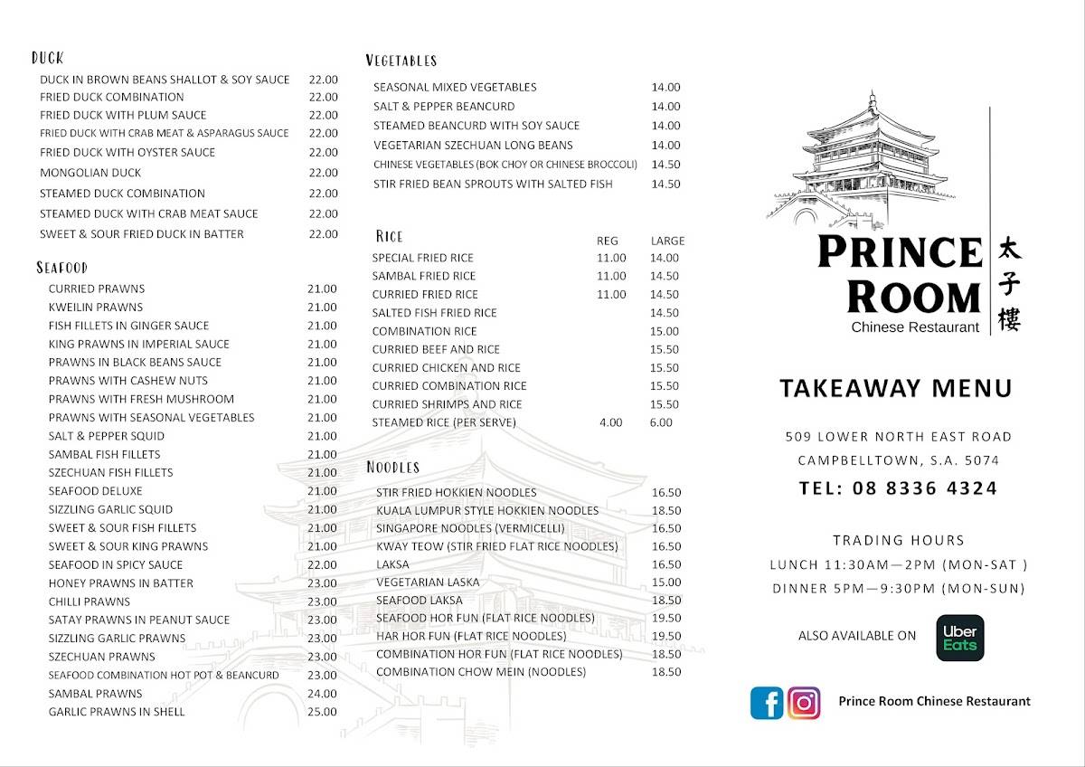 Menu at Prince Room Restaurant, Campbelltown