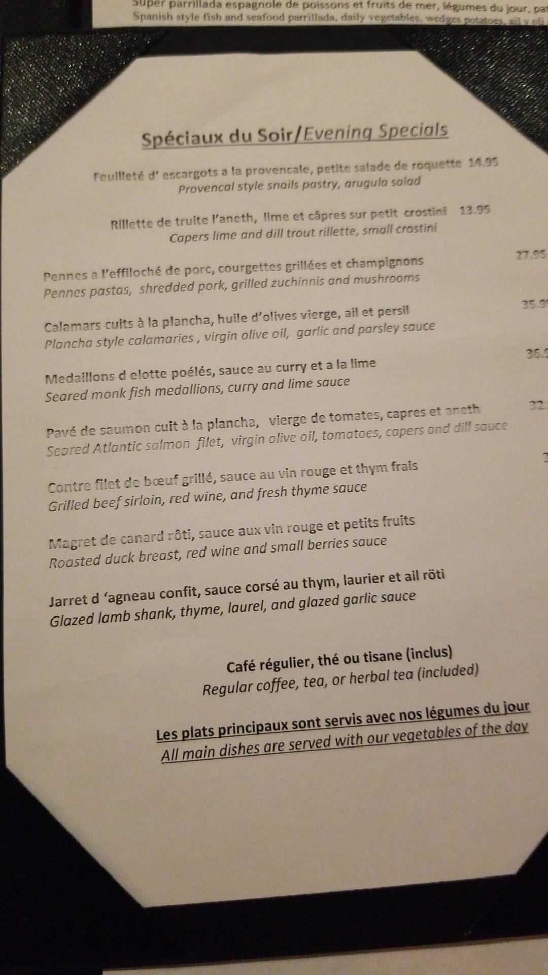 Menu au Les Pyrénées restaurant, Montréal