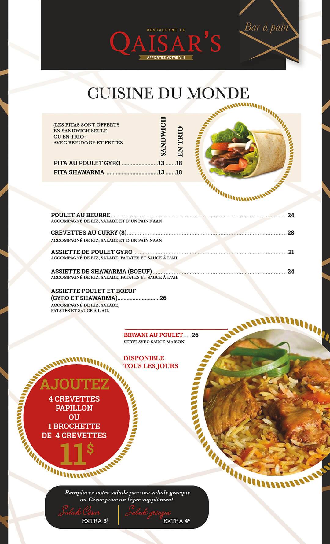Menu au Restaurant Qaisar's, Saint-Georges