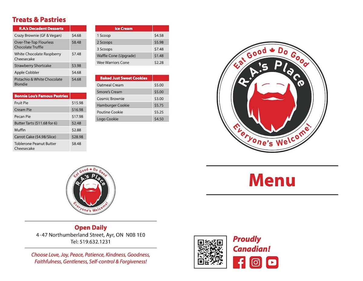 Menu at R.A.'s Place restaurant, Ayr