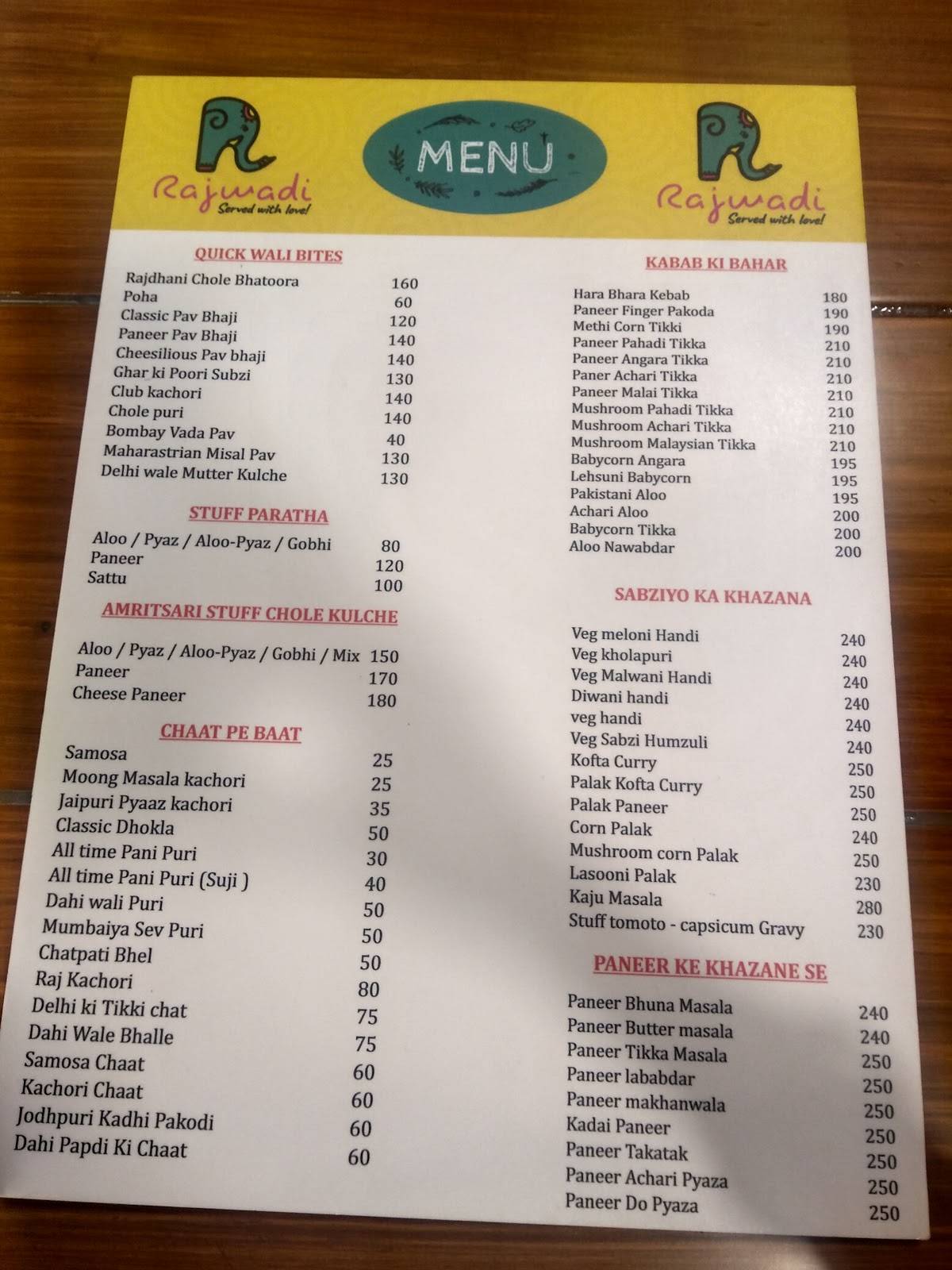 Menu at Rajwadi, Bengaluru, 595, 60 Feet Road, AECS Layout, Brookfield