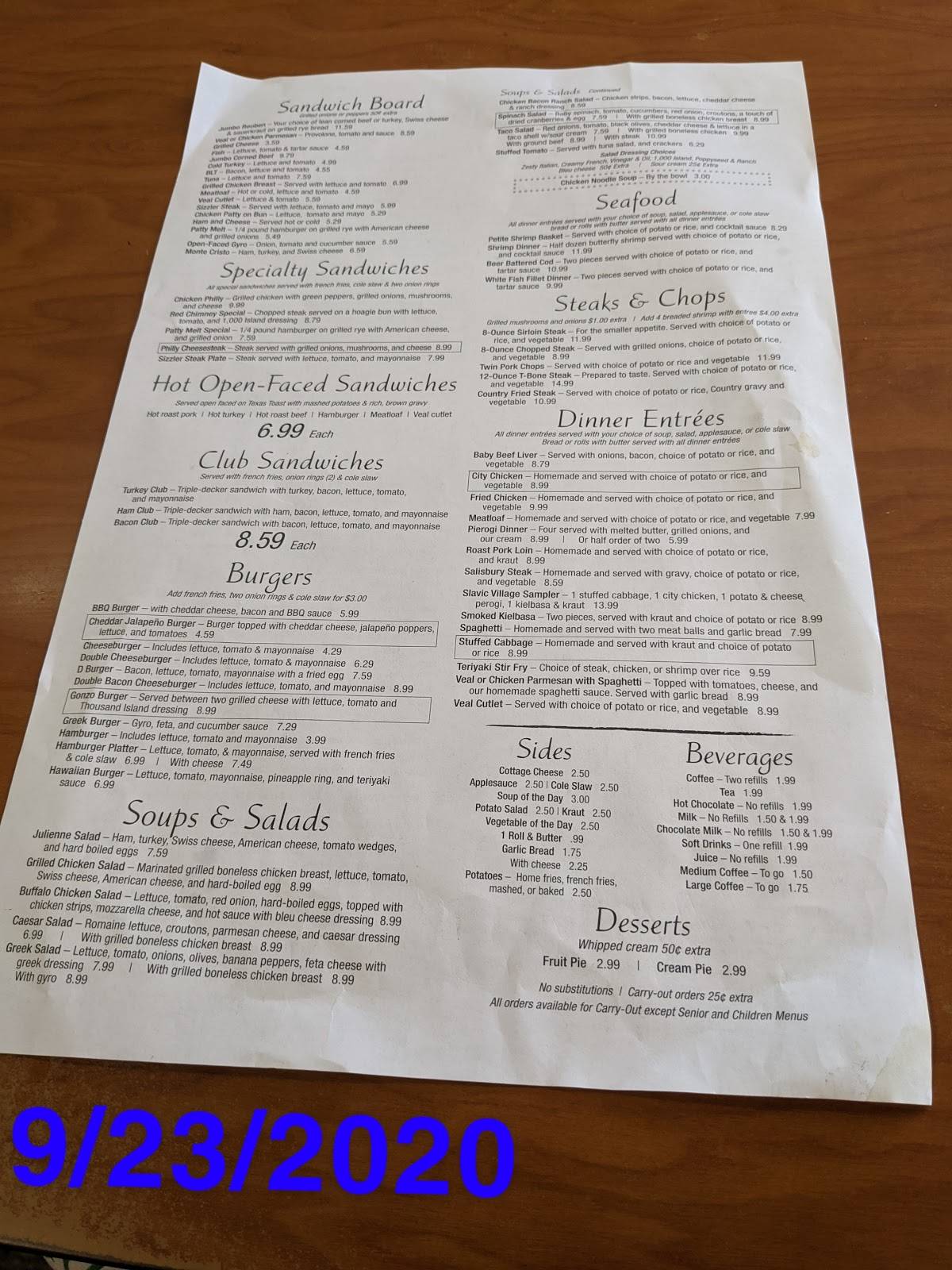 Menu at Red Chimney restaurant, Cleveland