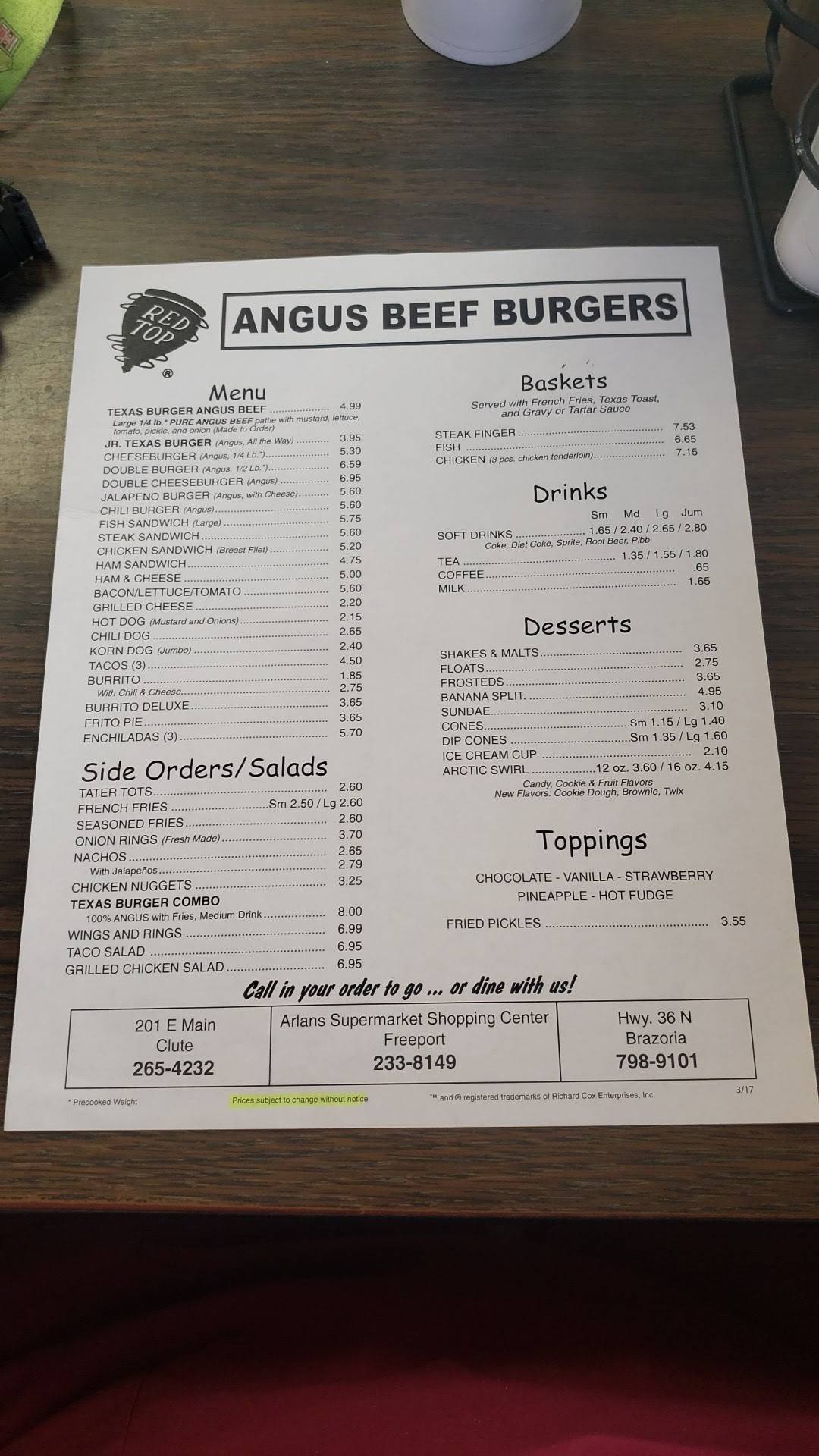 Menu at Red Top Restaurant, Clute