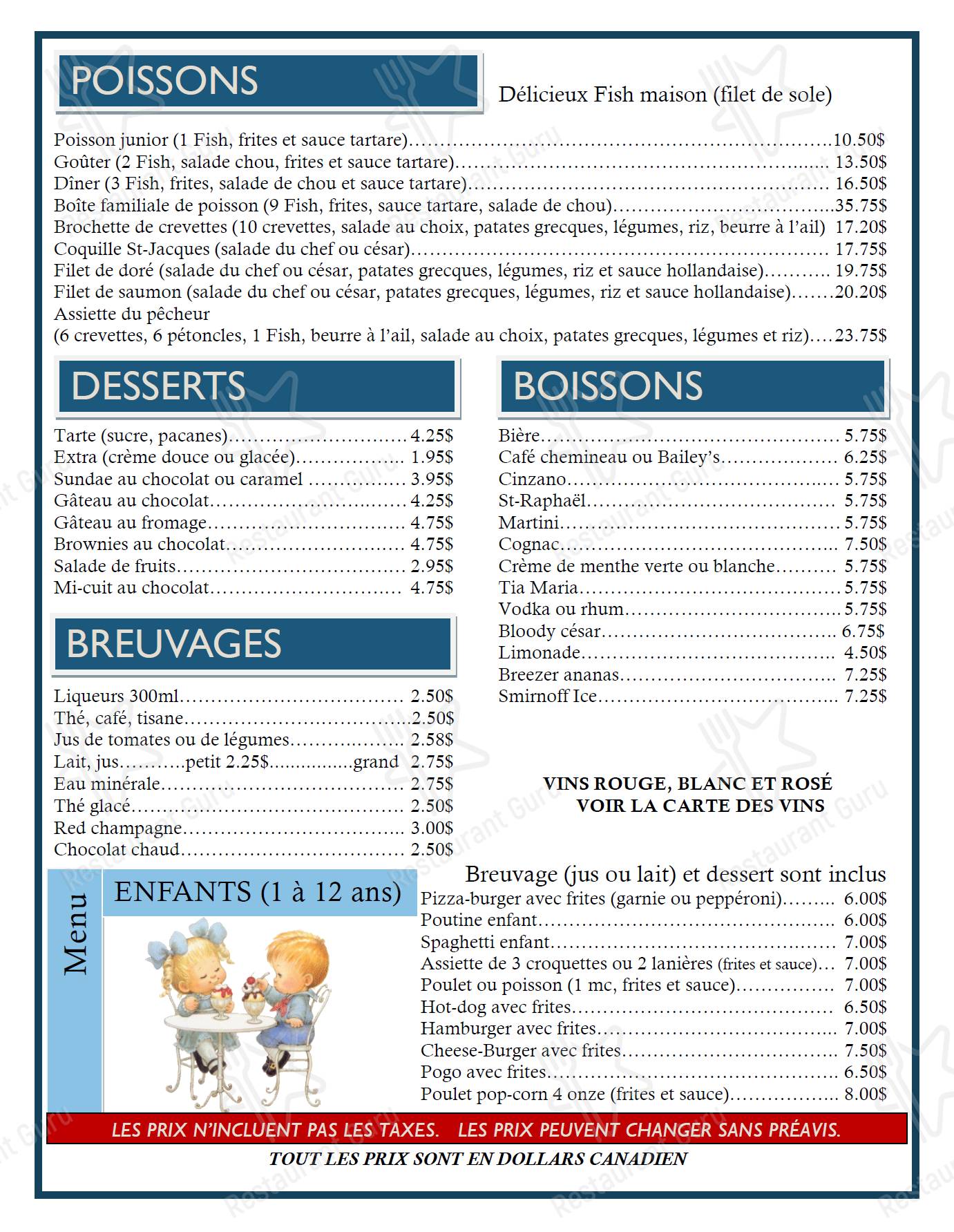 Menu au Restaurant Coco-Rico, Métabetchouan-Lac-à-la-Croix
